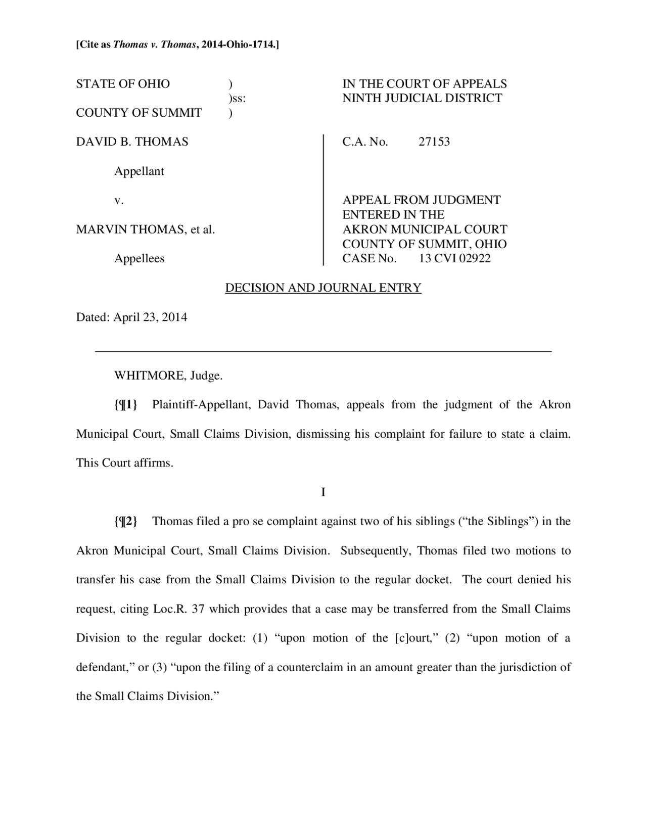 Court's Decision on Dismissal of Pro Se Complaint in Thomas v. Thomas ...