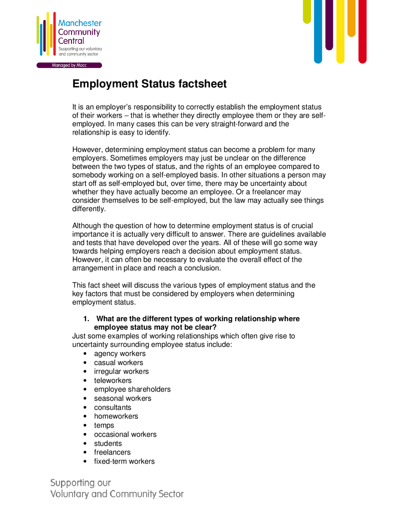 Employment Status factsheet | Study notes Law | Docsity