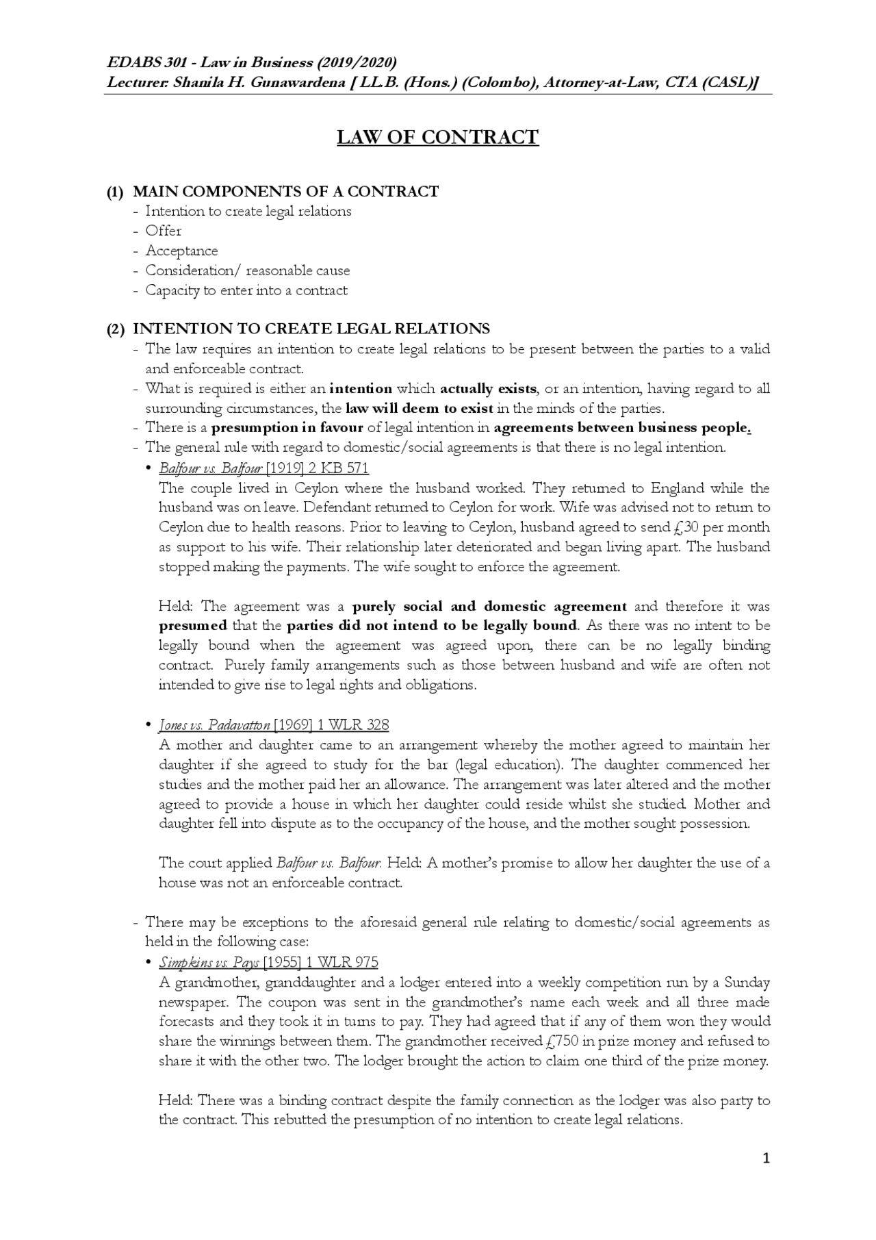 Law Of Contract Exercises Law Docsity