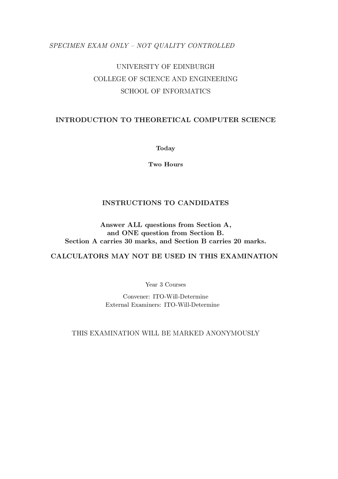 Specimen Exam Only Not Quality Controlled Lecture Notes Calculus