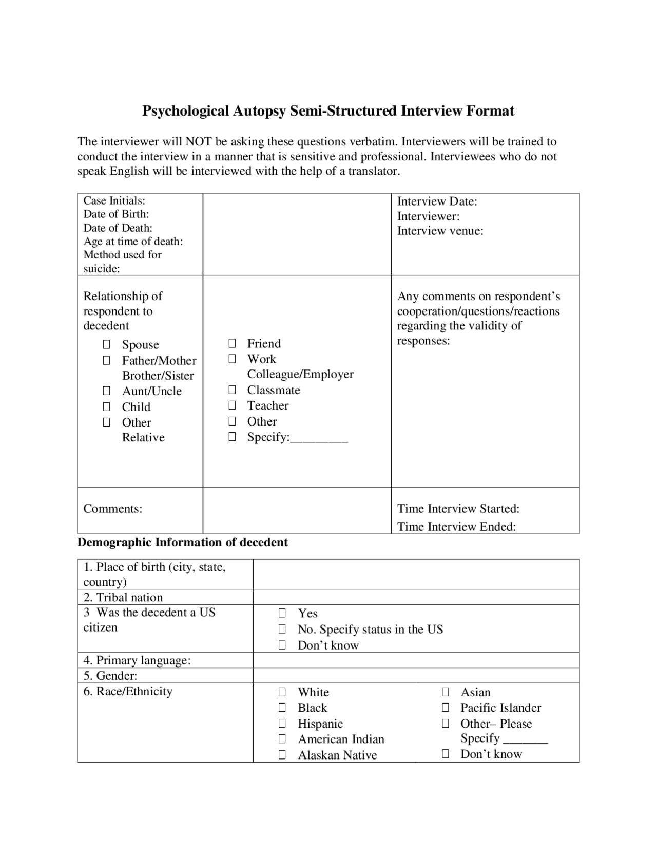 Psychological Autopsy Semi-Structured Interview Format | Exams ...