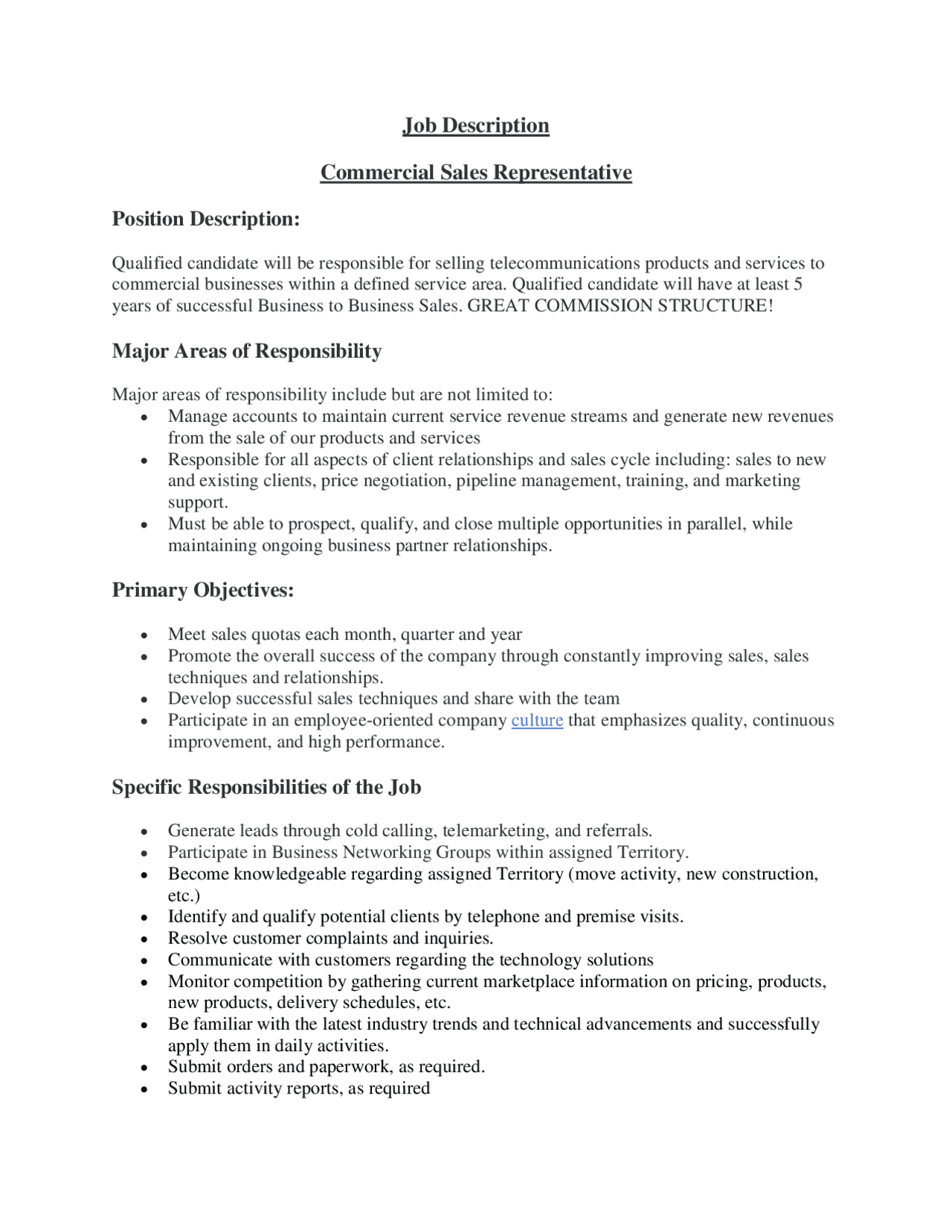 Job Description Commercial Sales Representative | Exercises Business ...