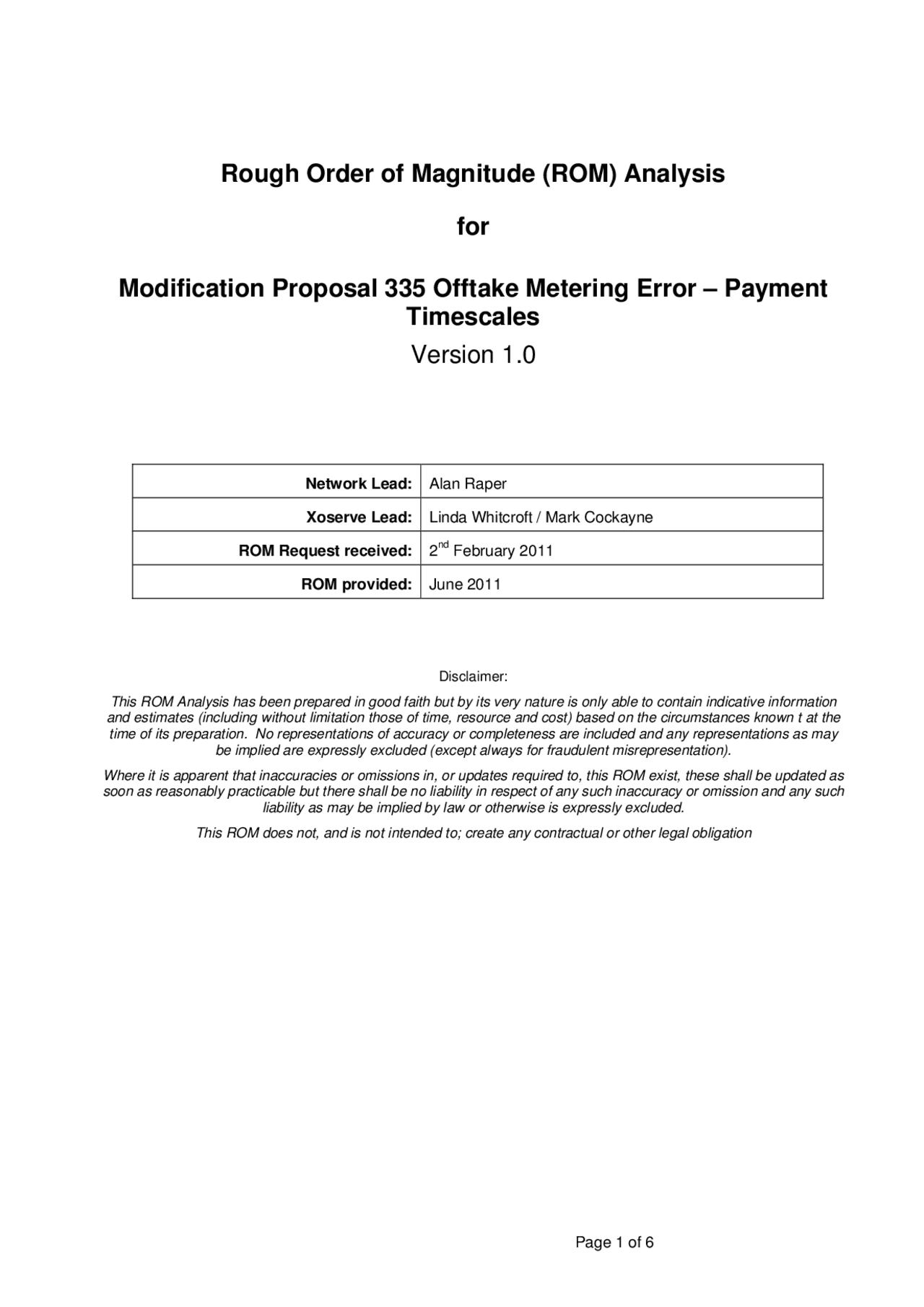 Rough Order of Magnitude (ROM) Analysis for Modification ...