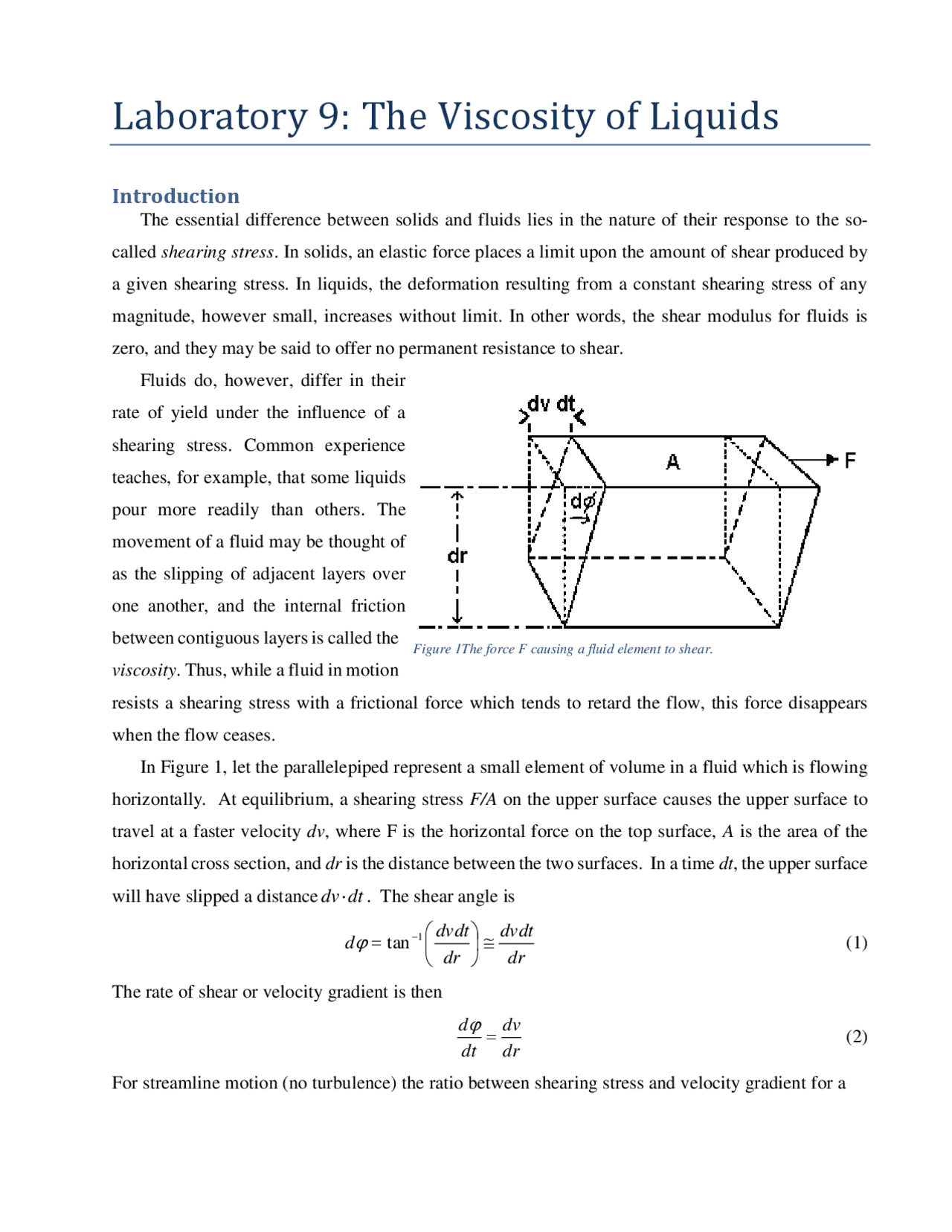 Laboratory 9 The Viscosity Of Liquids Lecture Notes Solid State