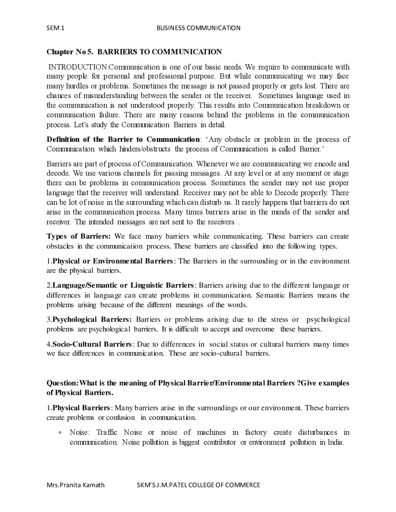 BARRIERS TO COMMUNICATION-SEM 1.pdf | Exams Communication | Docsity