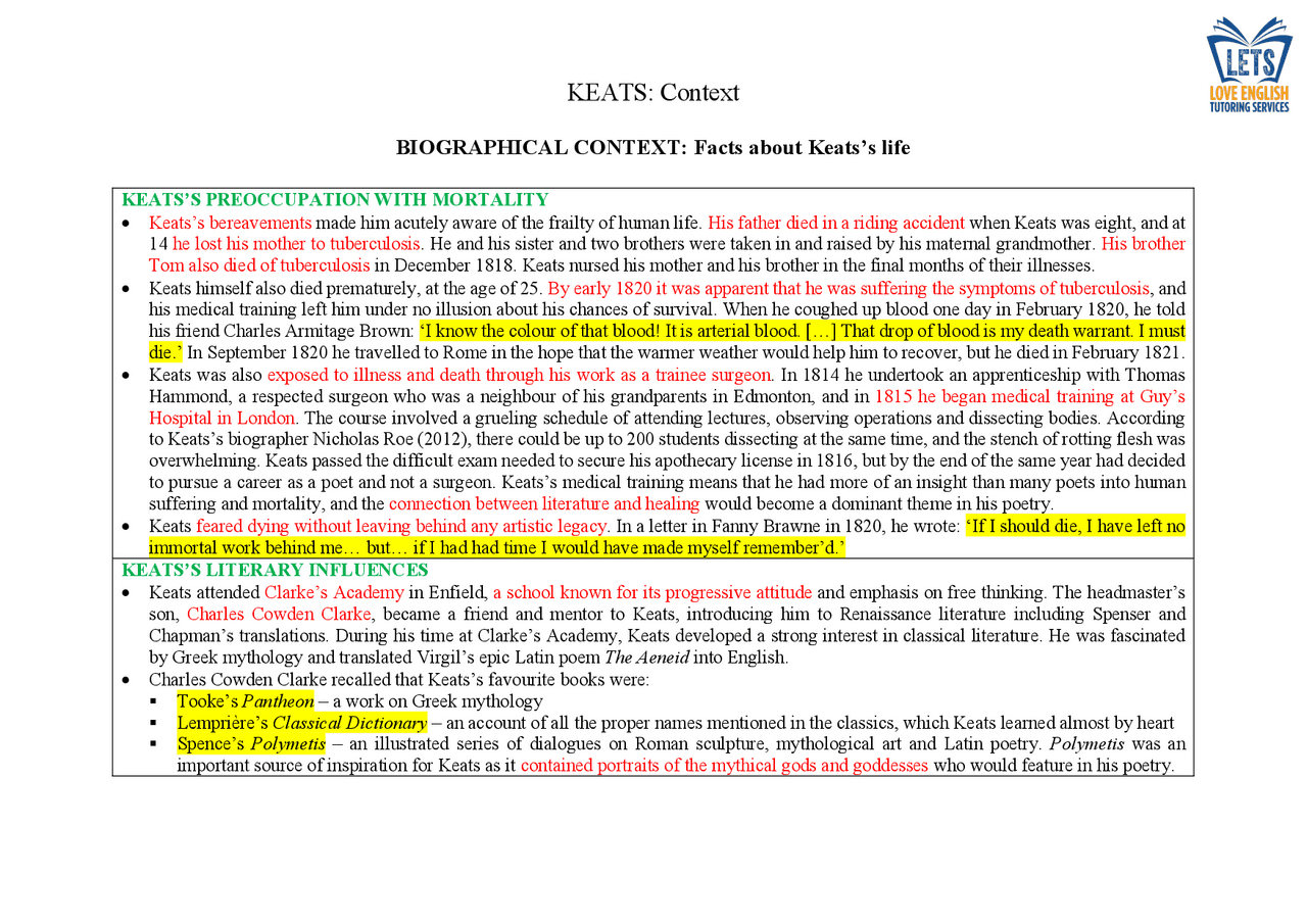 KEATS: Context | Study notes Classical Literature | Docsity