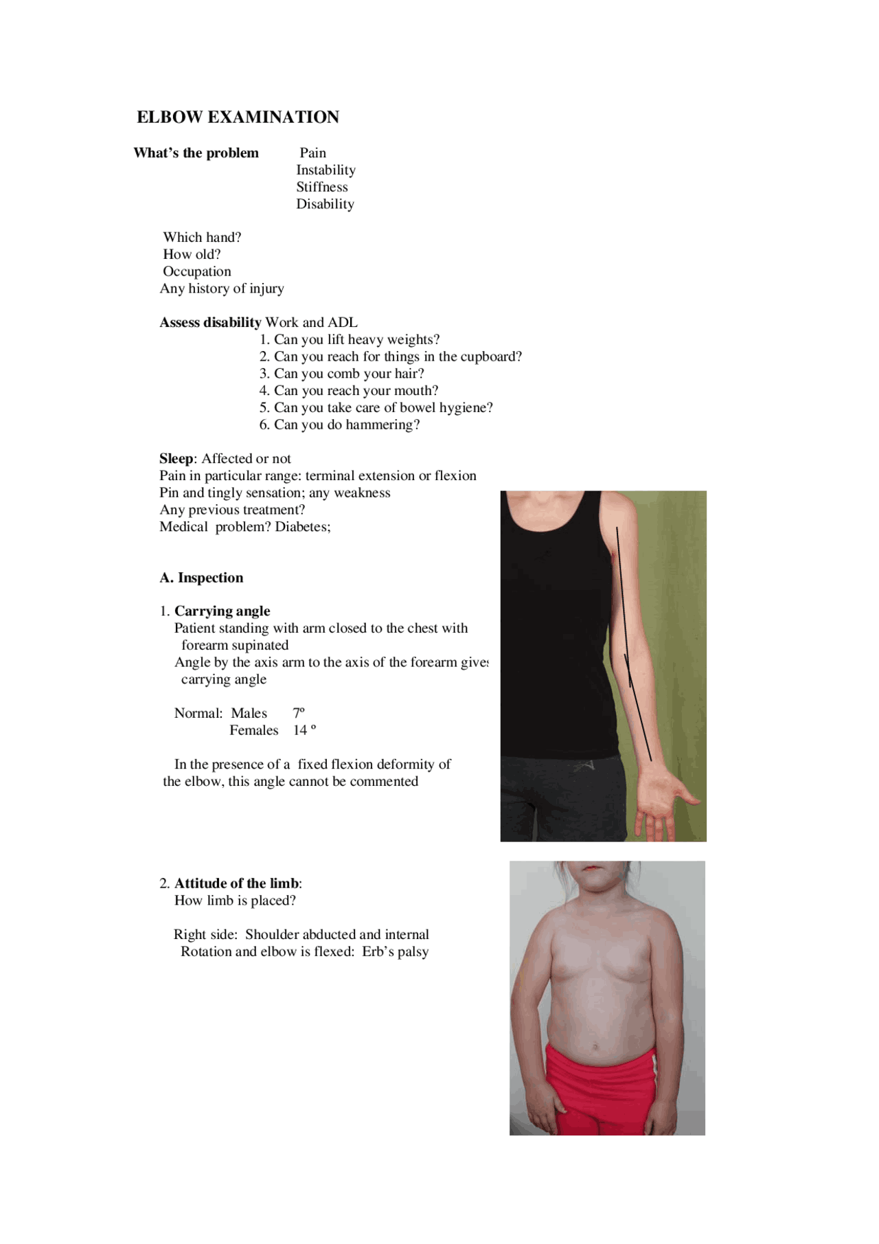 ELBOW EXAMINATION | Study notes History | Docsity