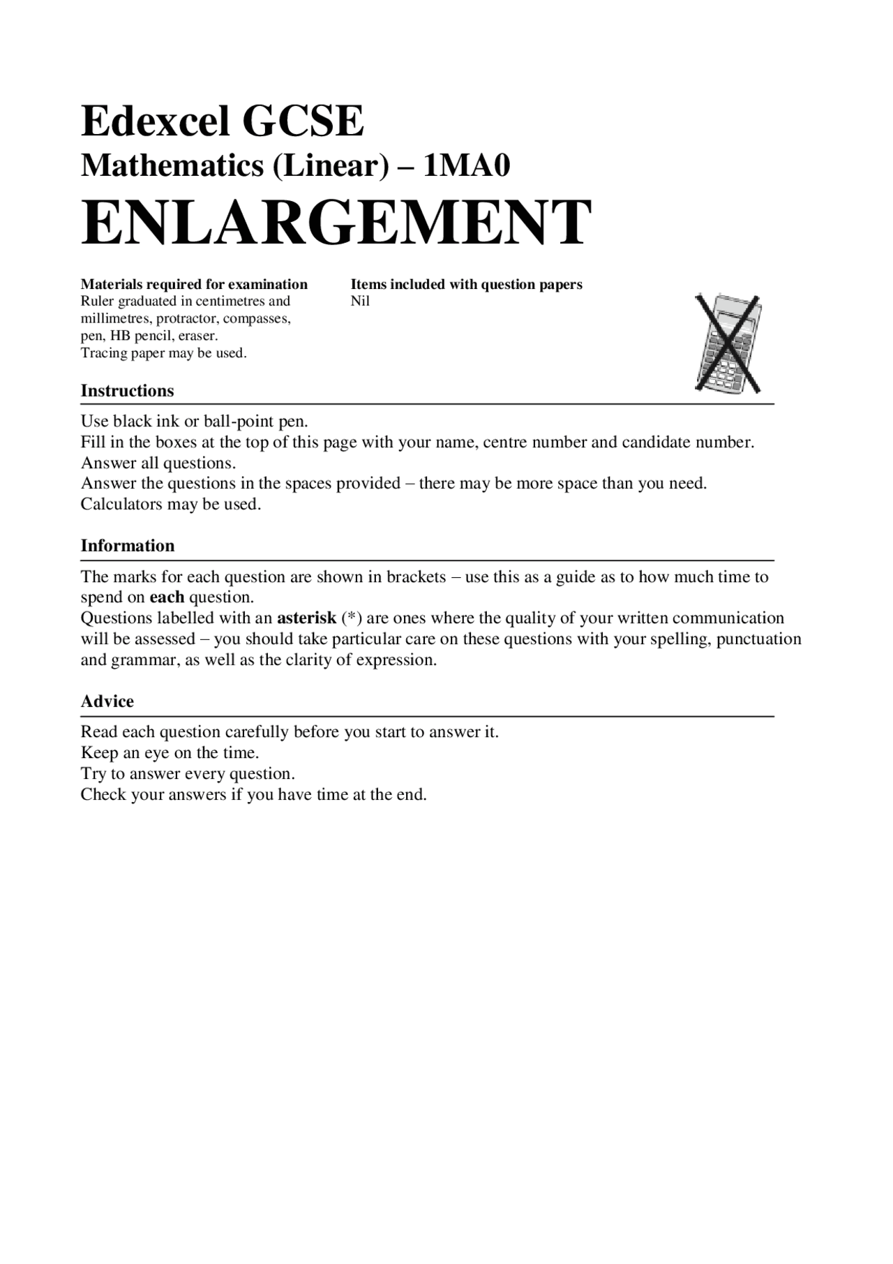 ENLARGEMENT | Exercises Mathematics | Docsity