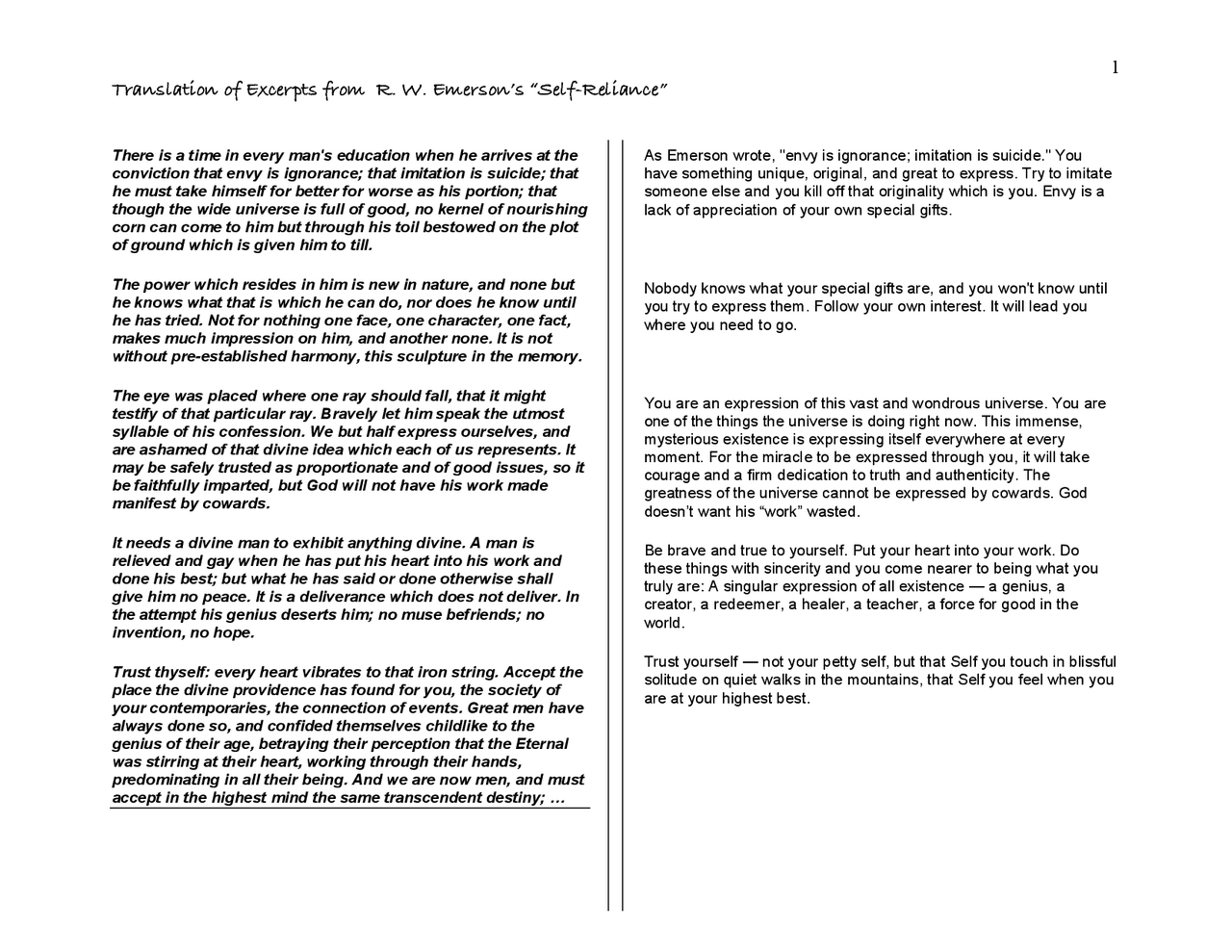 Translation of Excerpts from RW Emerson's “Self-Reliance” | Exams ...
