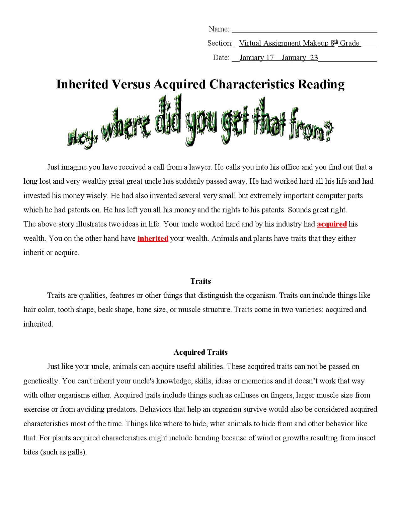 Inherited Versus Acquired Characteristics Reading | Study notes ...