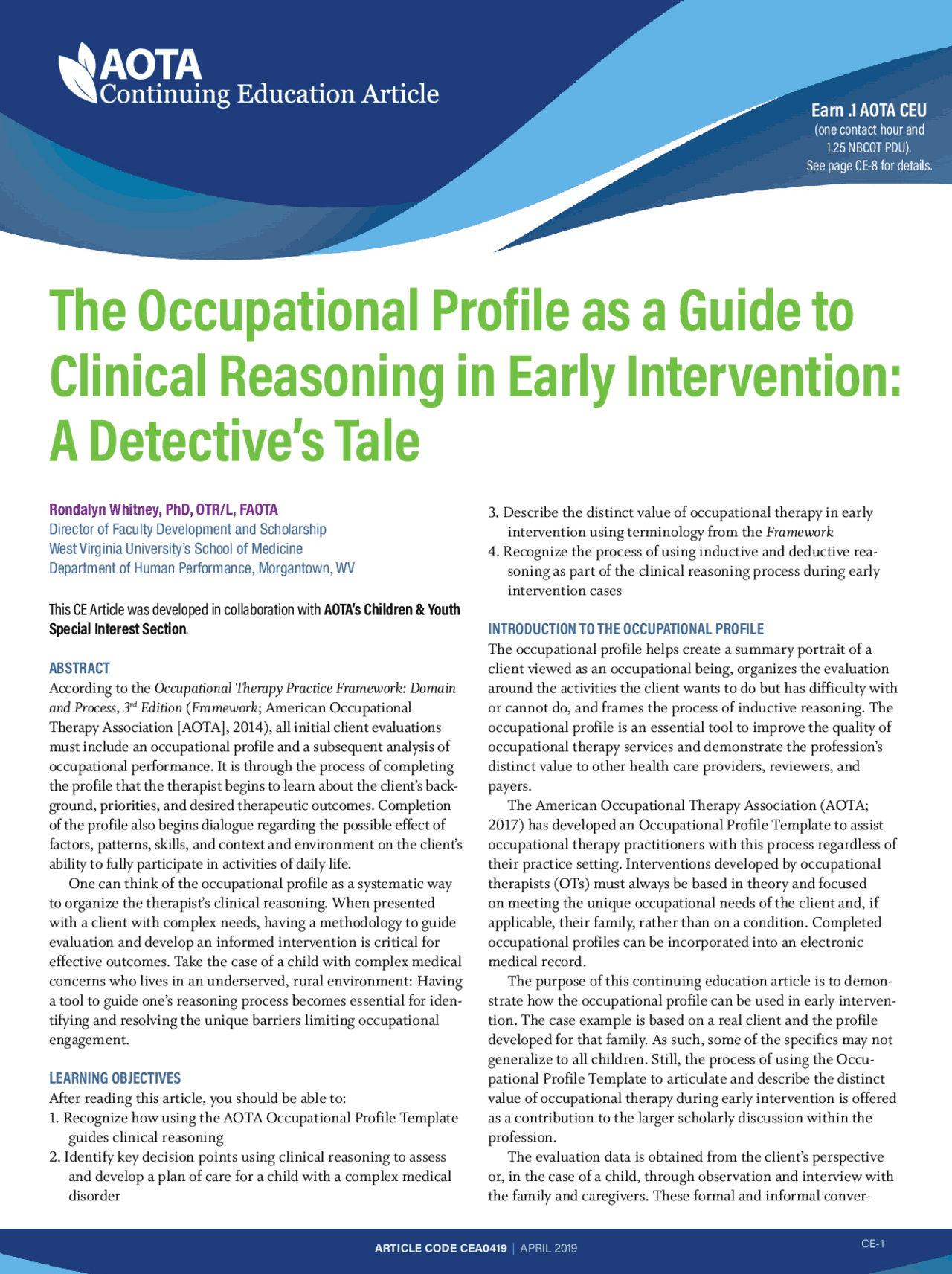 The Occupational Profile as a Guide to Clinical Reasoning in ...