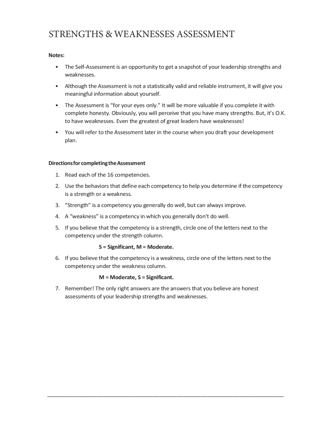 STRENGTHS & WEAKNESSES ASSESSMENT | Lecture notes Leadership and Team ...
