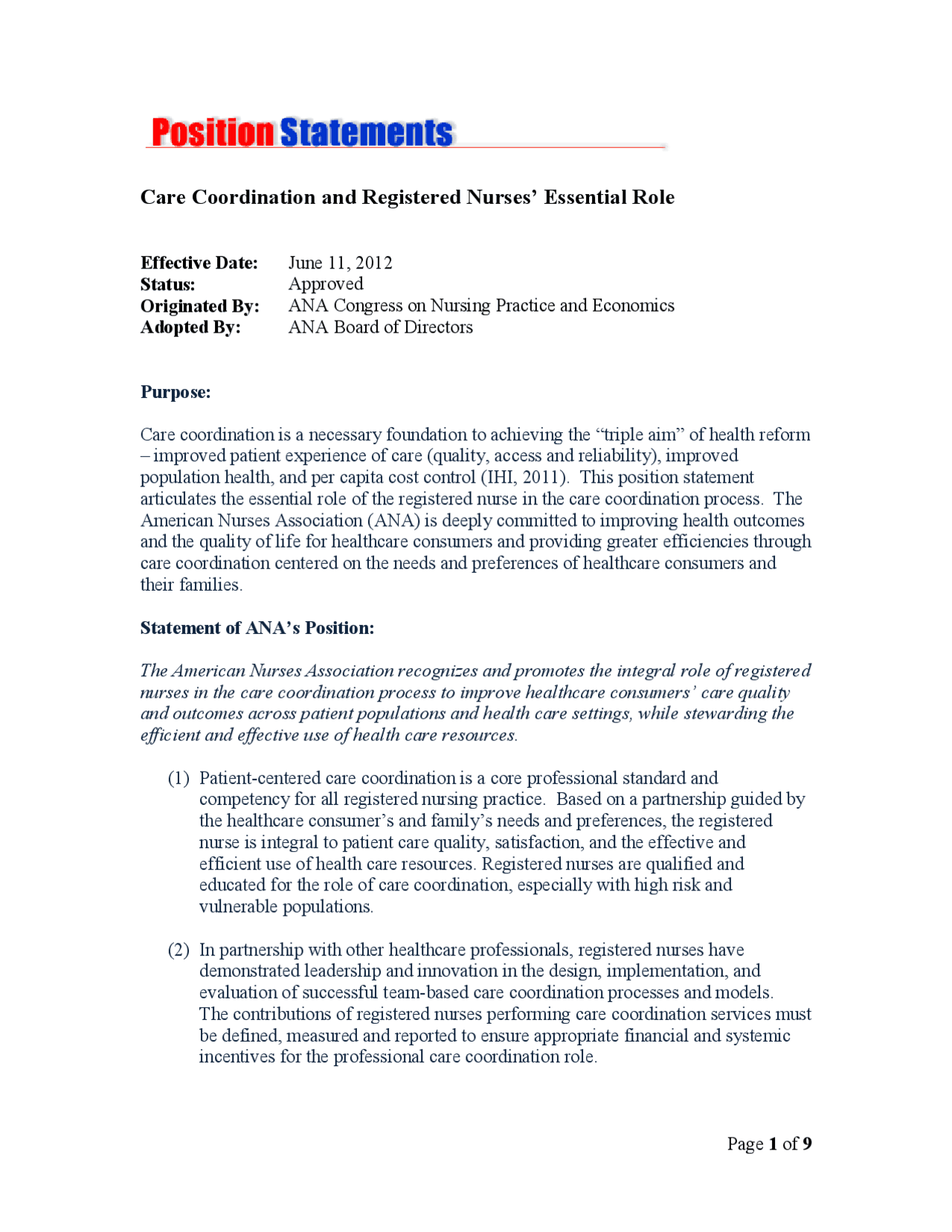 ANA Position Statement on Care Coordination and the Essential Role of ...