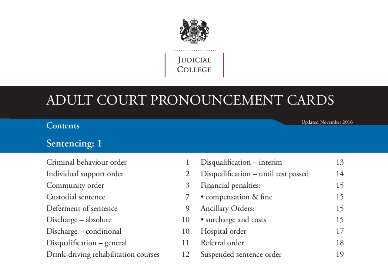 Adult Court Pronouncement Cards | Study notes History | Docsity