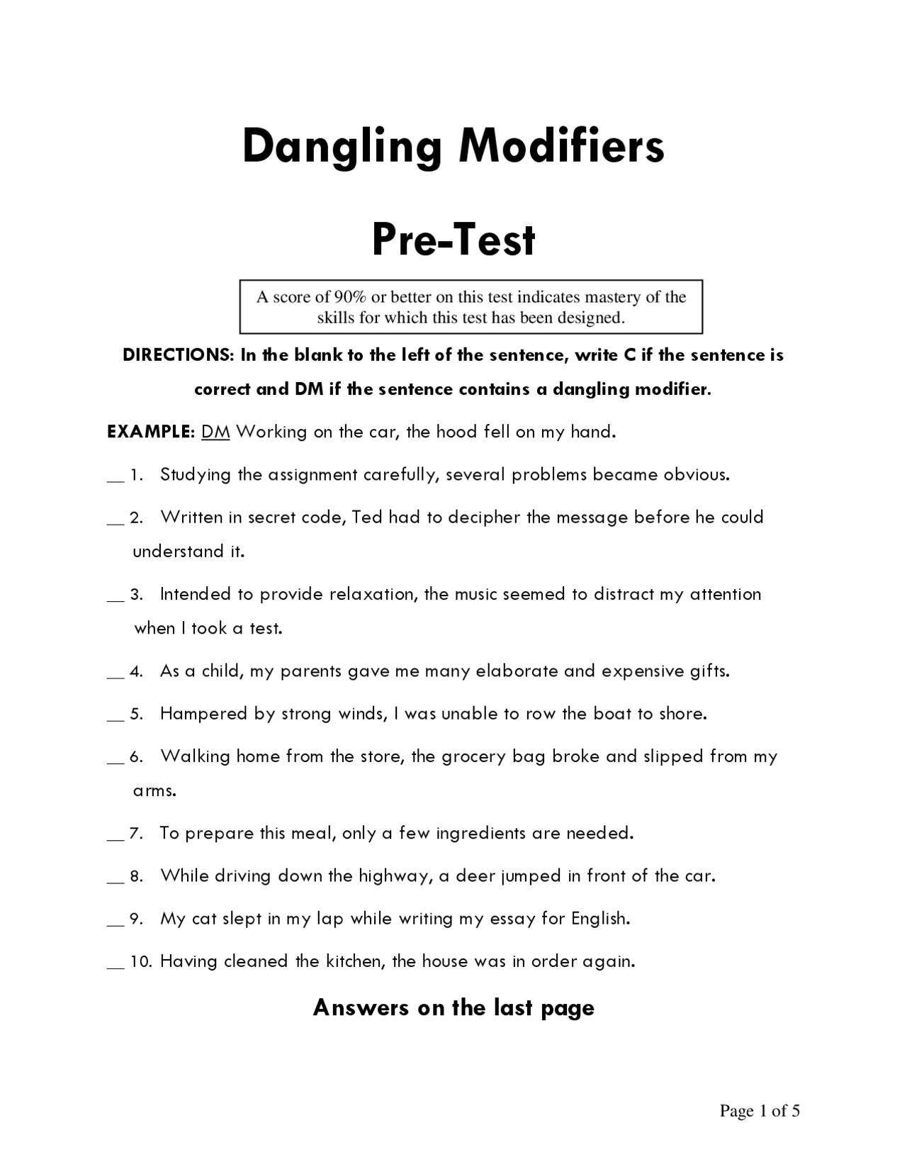 Dangling Modifiers Exercises Music Docsity