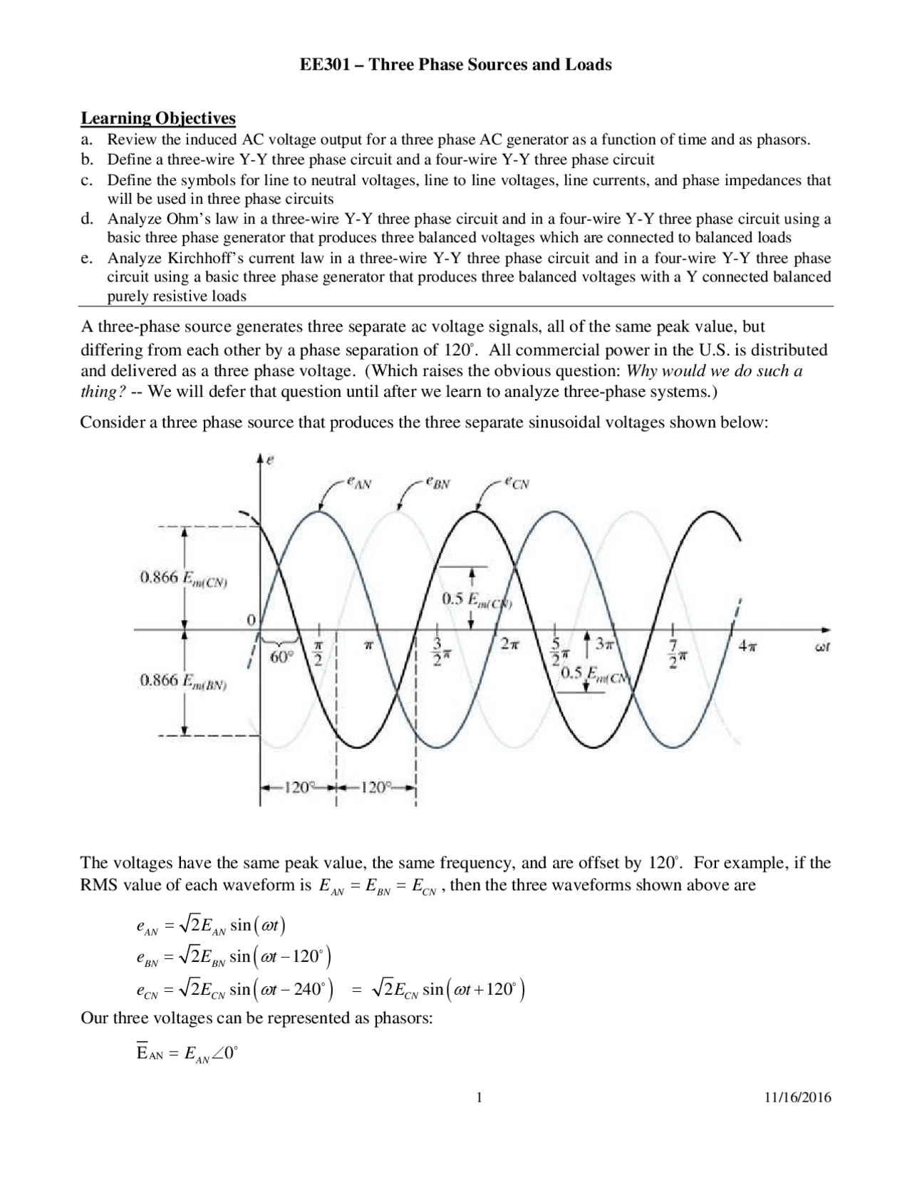 Ee301 Three Phase Sources And Loads Lecture Notes Law Docsity