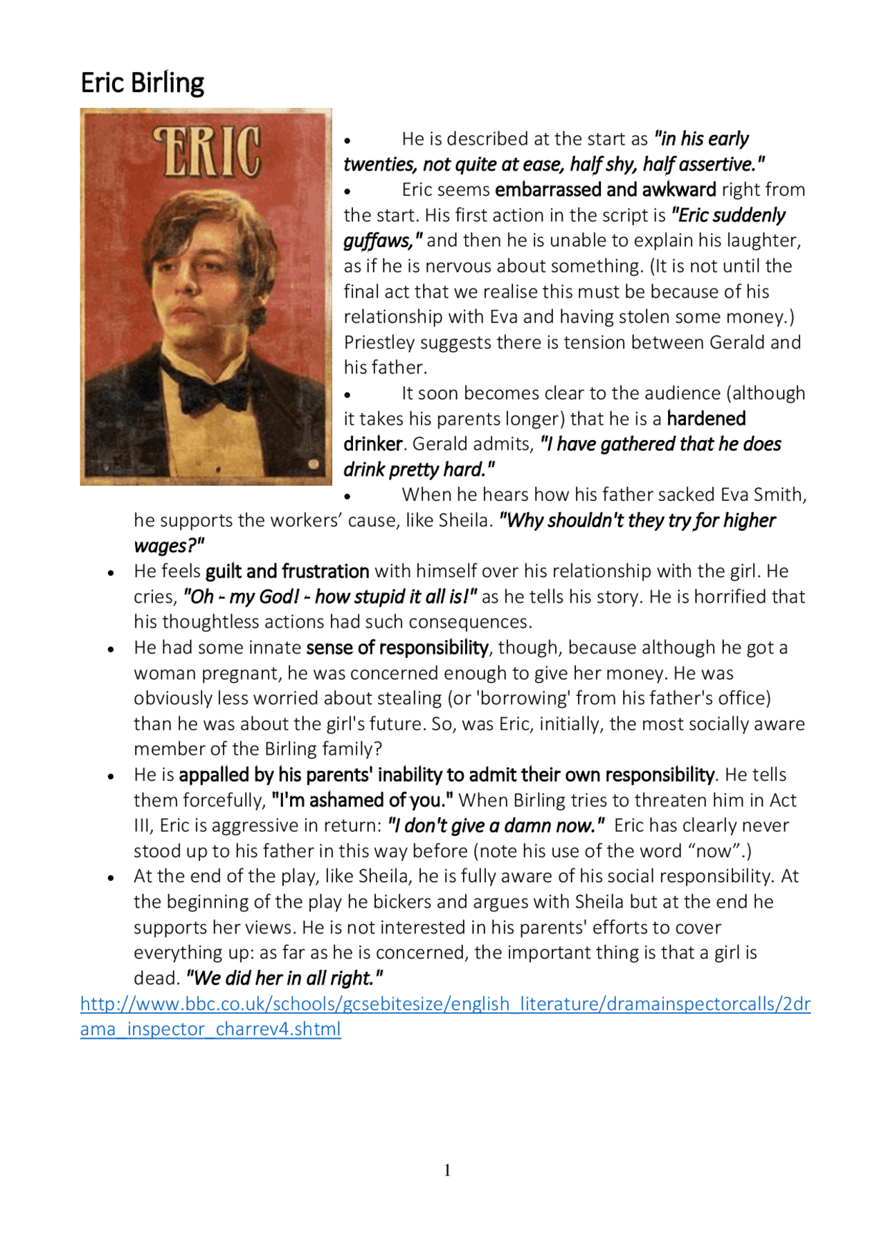 Eric Birling: Character Analysis in 'An Inspector Calls' | Study notes ...