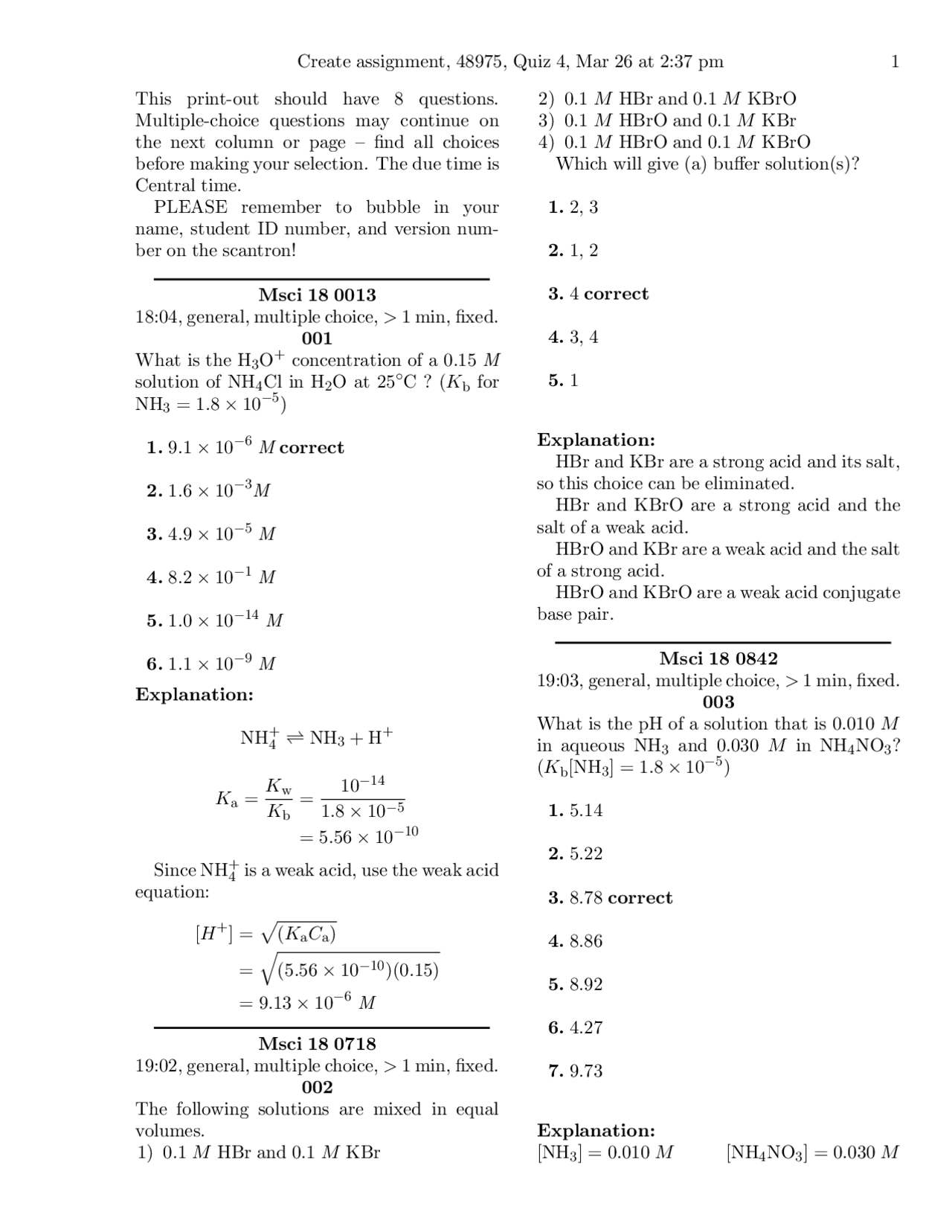 Quiz 4: Multiple Choice Questions on Chemistry Concepts | Study notes ...