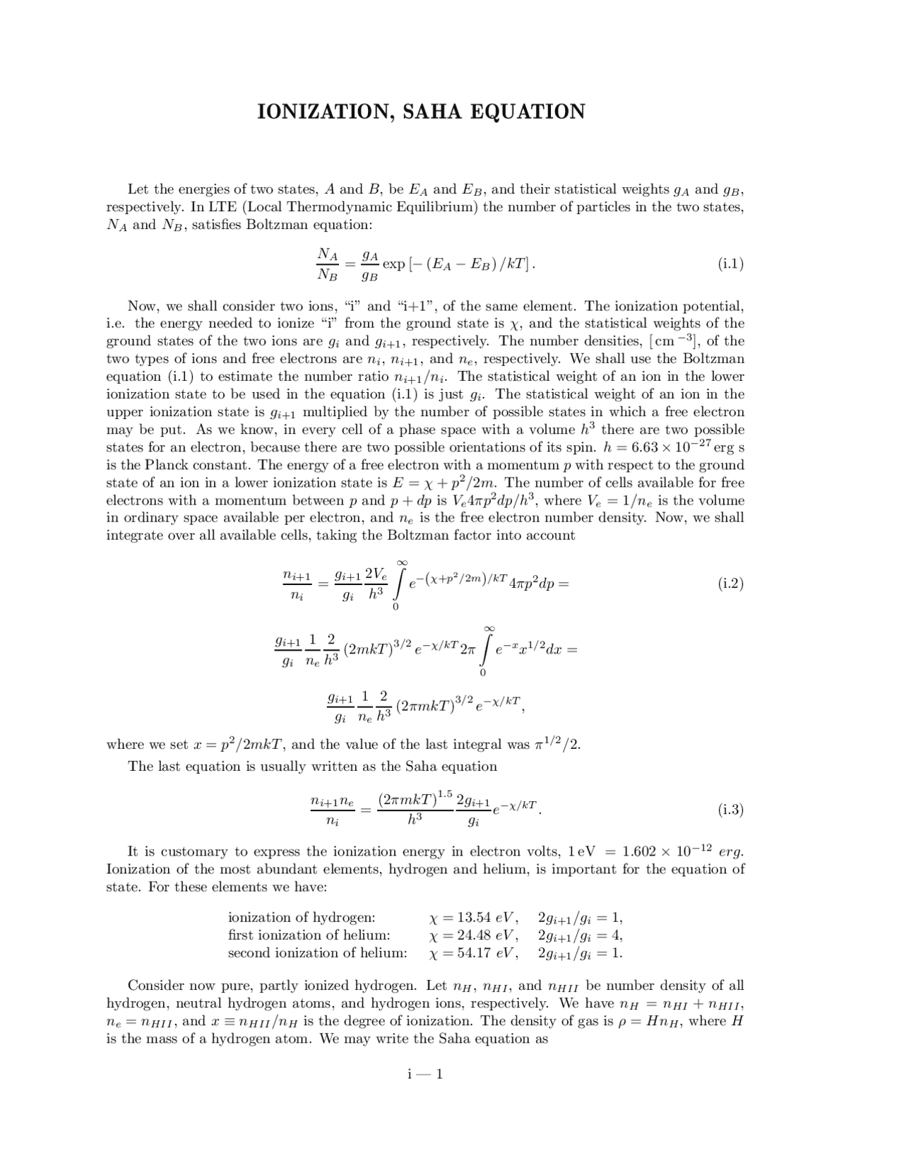 IONIZATION, SAHA EQUATION | Summaries Solid State Physics | Docsity