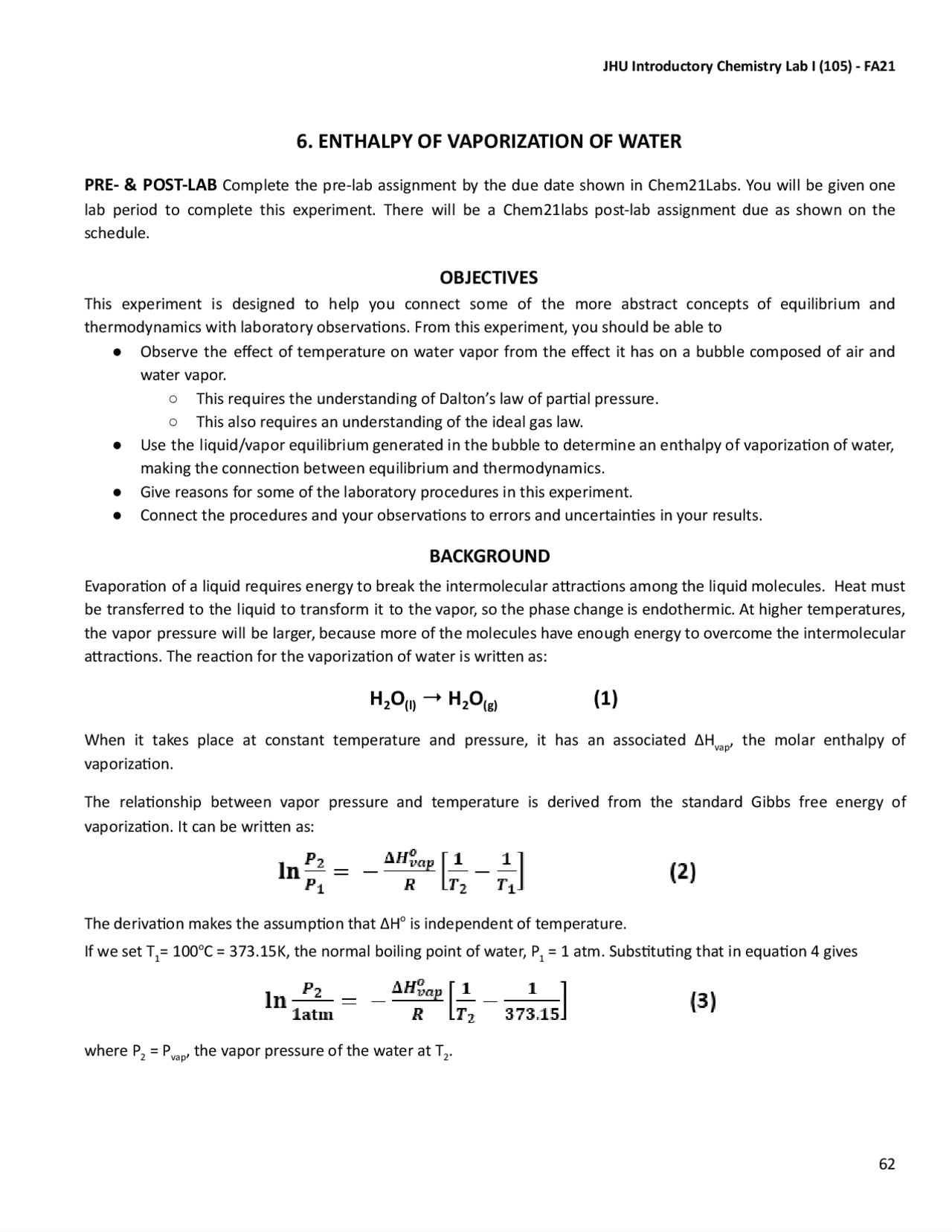 Introductory Chemistry Lab I: Determining the Enthalpy of Vaporization ...