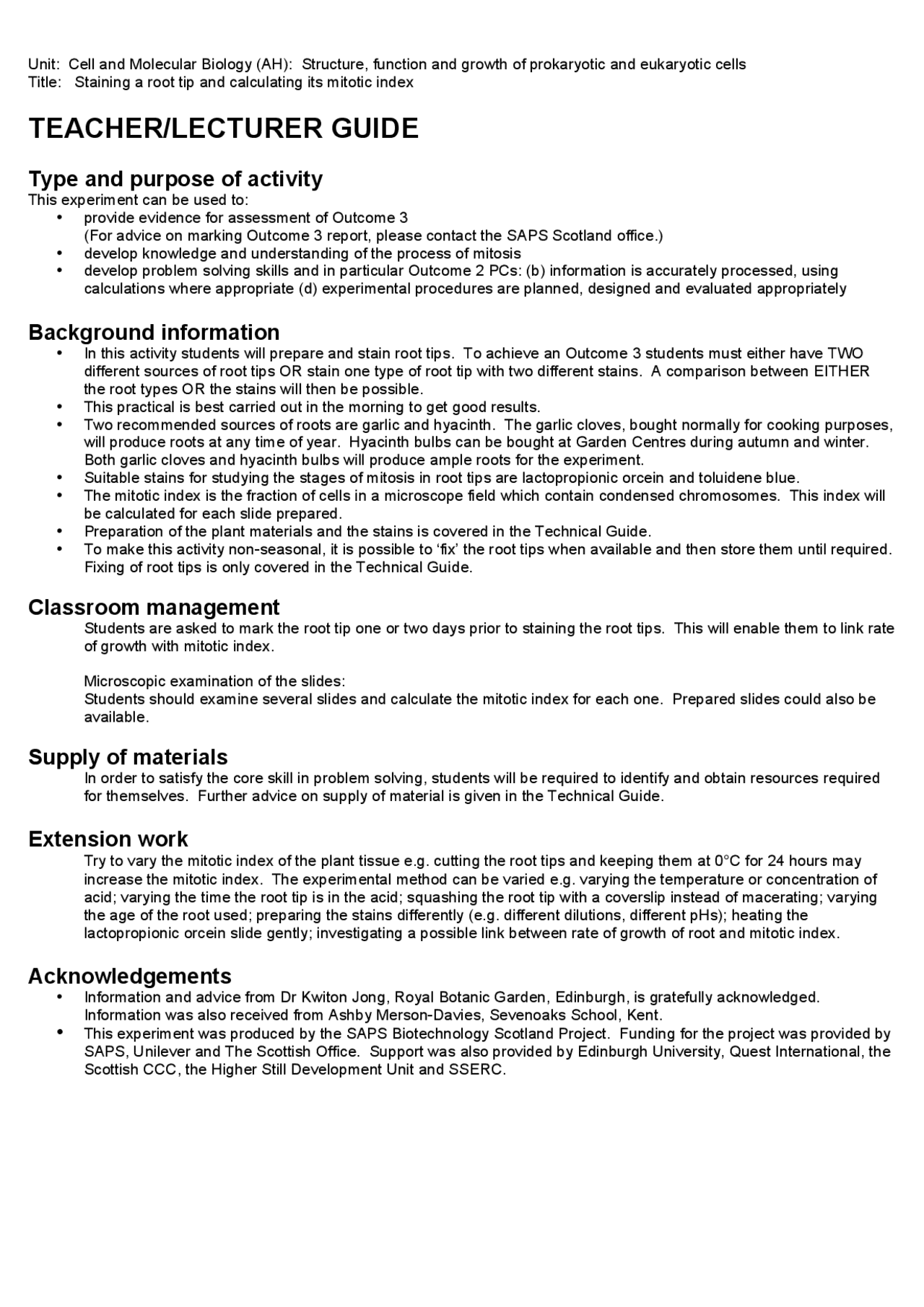 Staining a root tip and calculating its mitotic index | Lecture notes ...