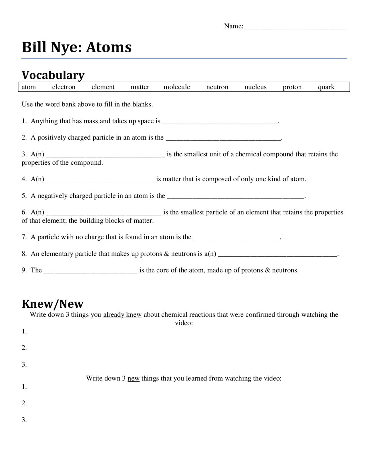 Bill Nye Atoms Lecture Notes Chemistry Docsity