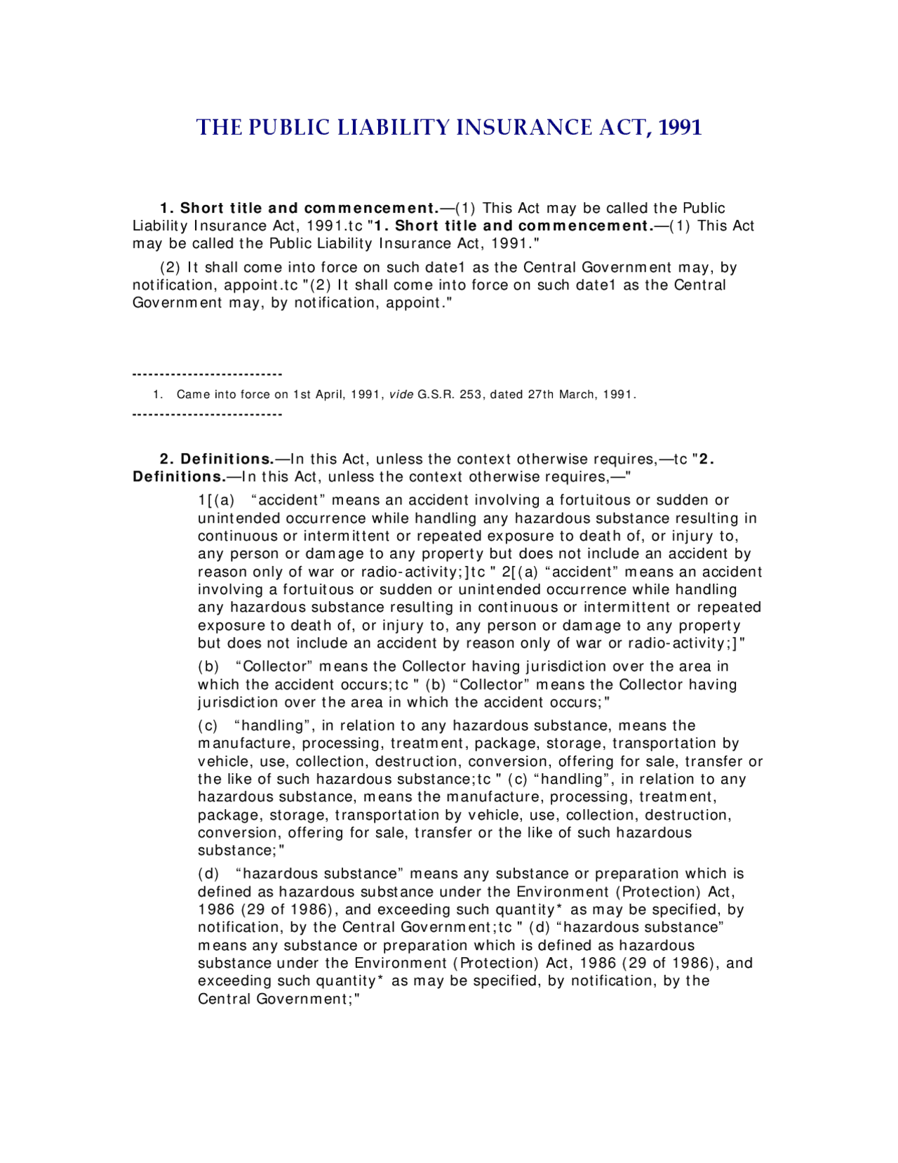 THE PUBLIC LIABILITY INSURANCE ACT, 1991 | Study notes Law | Docsity