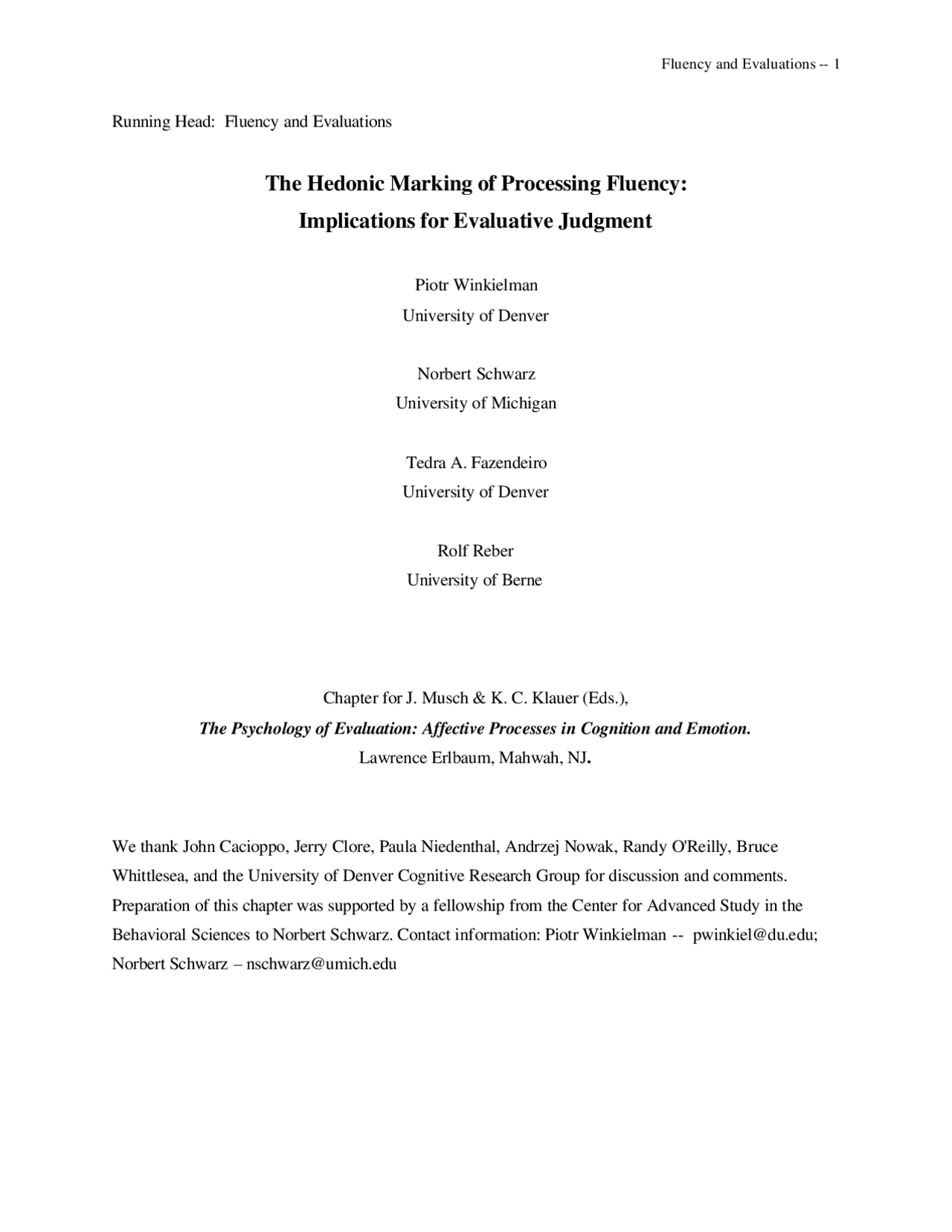 Influence of Processing Fluency on Evaluative Judgments: Perceptual ...