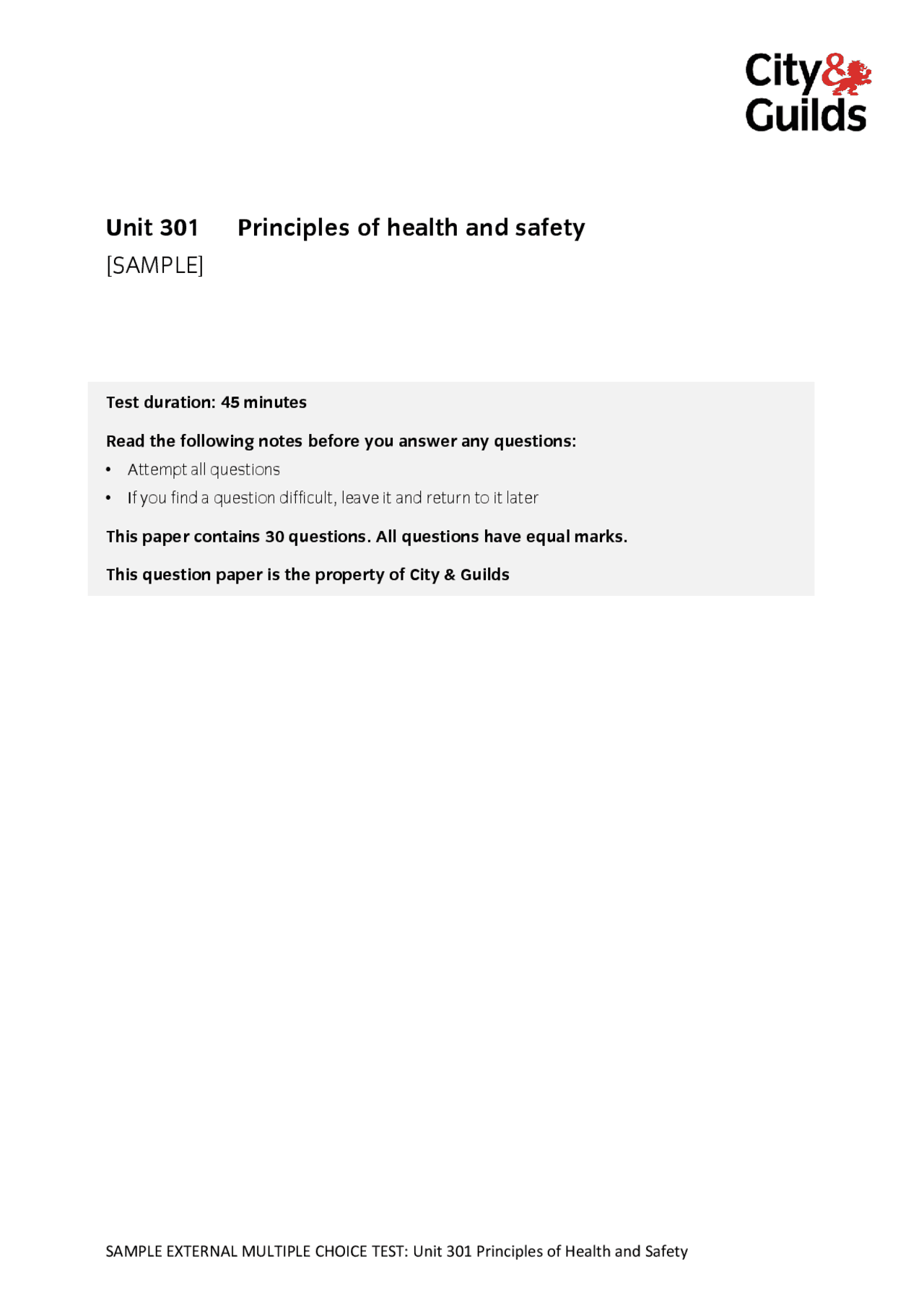 Unit 301 Principles of health and safety [SAMPLE] | Lecture notes ...