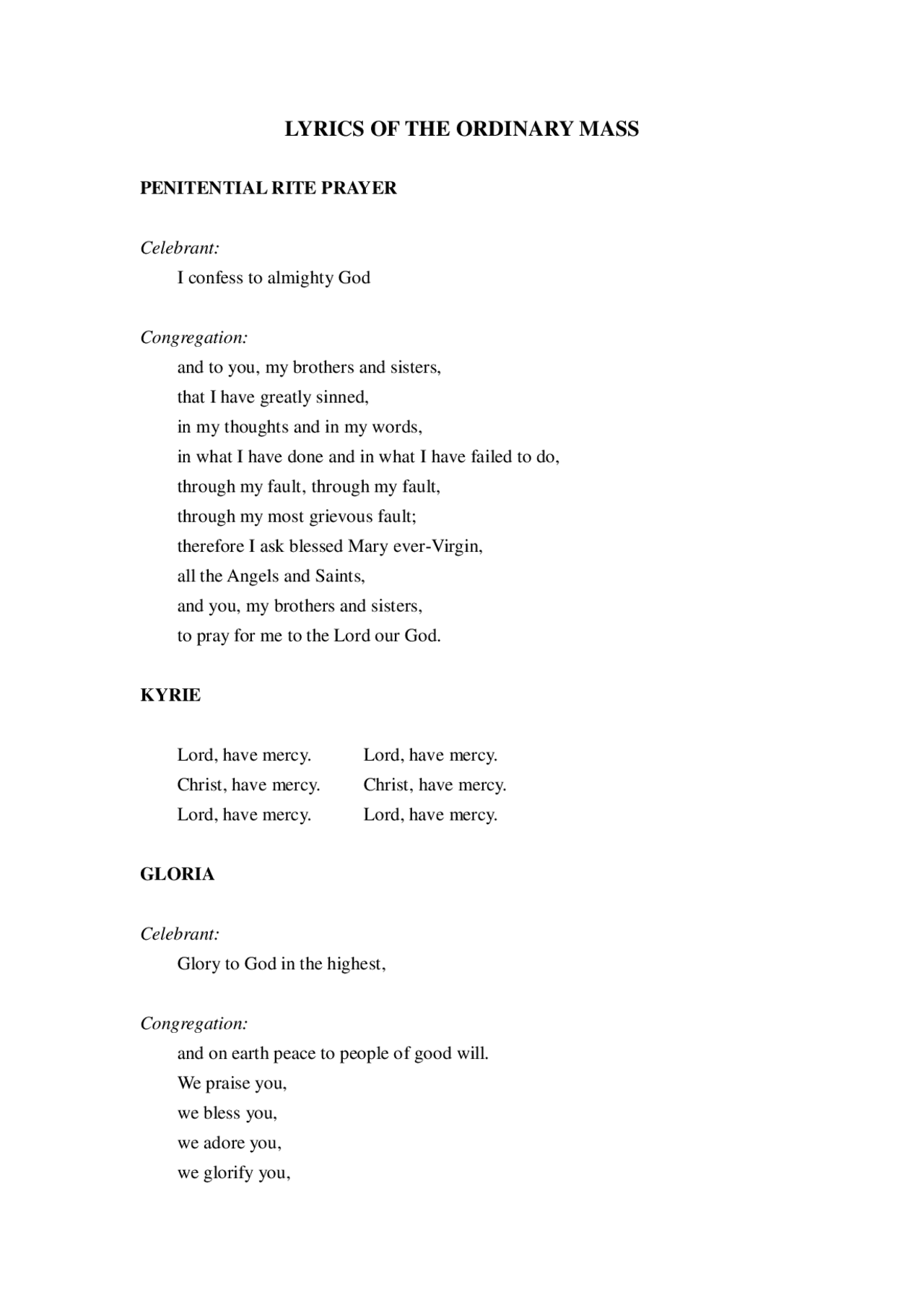 Lyrics of the Ordinary Mass: Penitential Rite and Creed | Study Guides ...