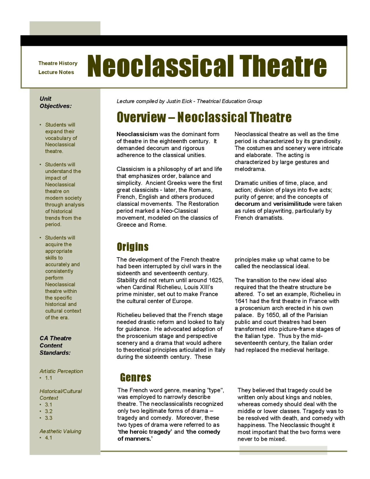 Neoclassical Theatre | Lecture notes Theatre | Docsity