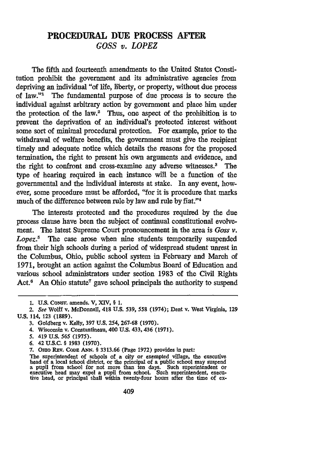 Procedural Due Process and Property Interests: A Look at Goss v. Lopez ...