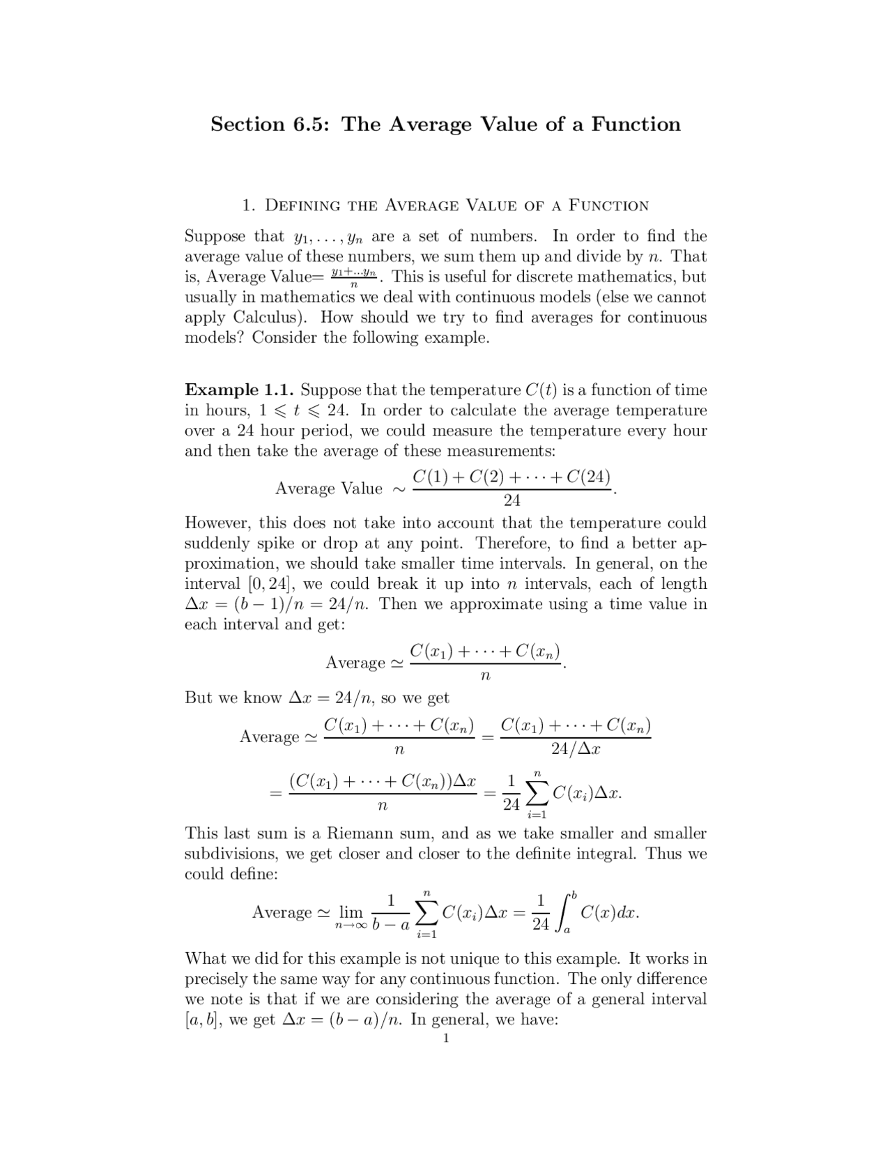 Section 6.5: The Average Value of a Function | Summaries Mathematics | Docsity