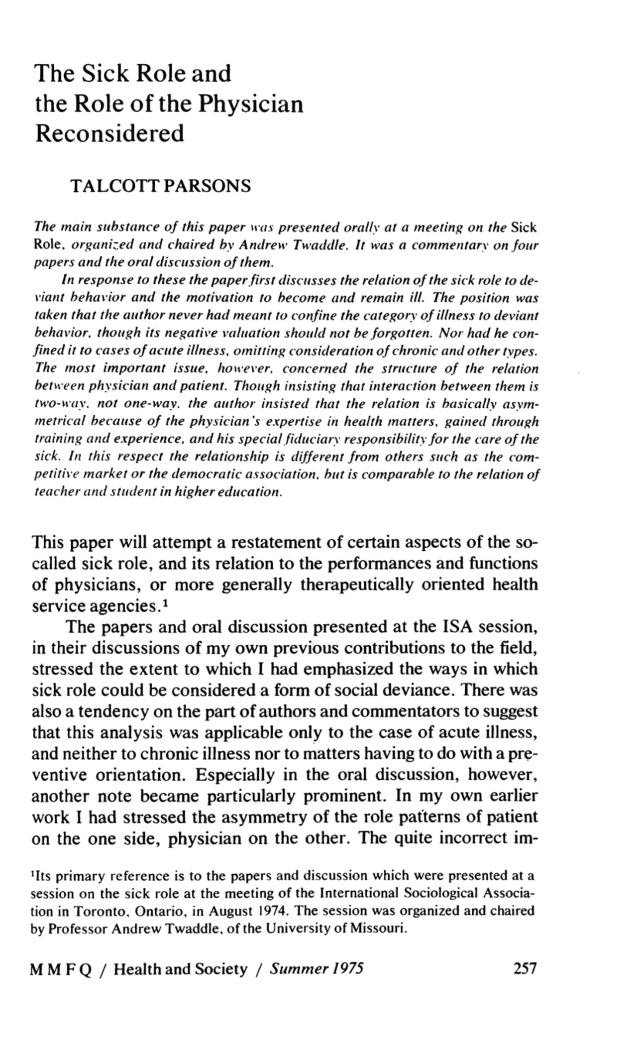 The Sick Role and the Role of the Physician Reconsidered | Summaries ...