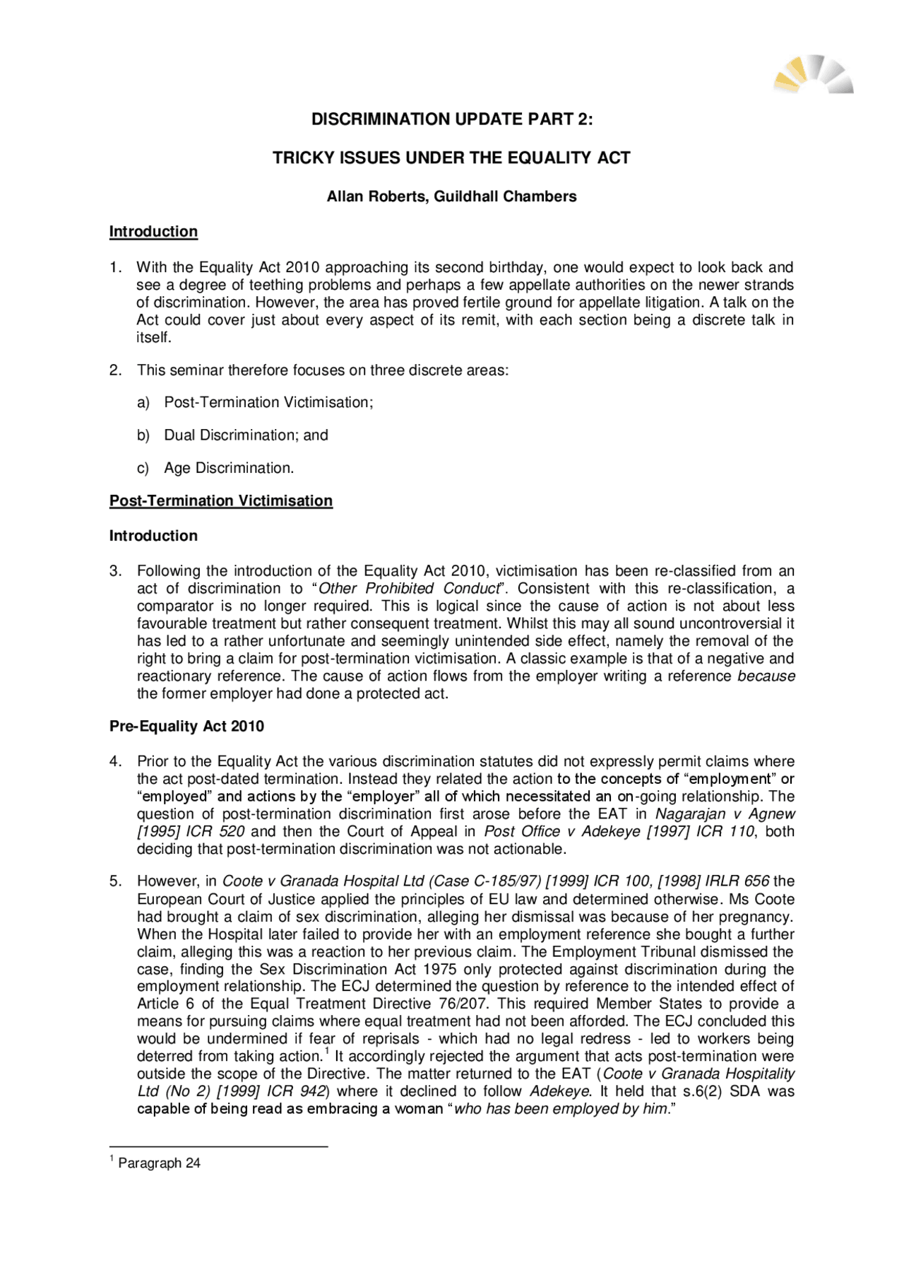 TRICKY ISSUES UNDER THE EQUALITY ACT | Study notes Law | Docsity