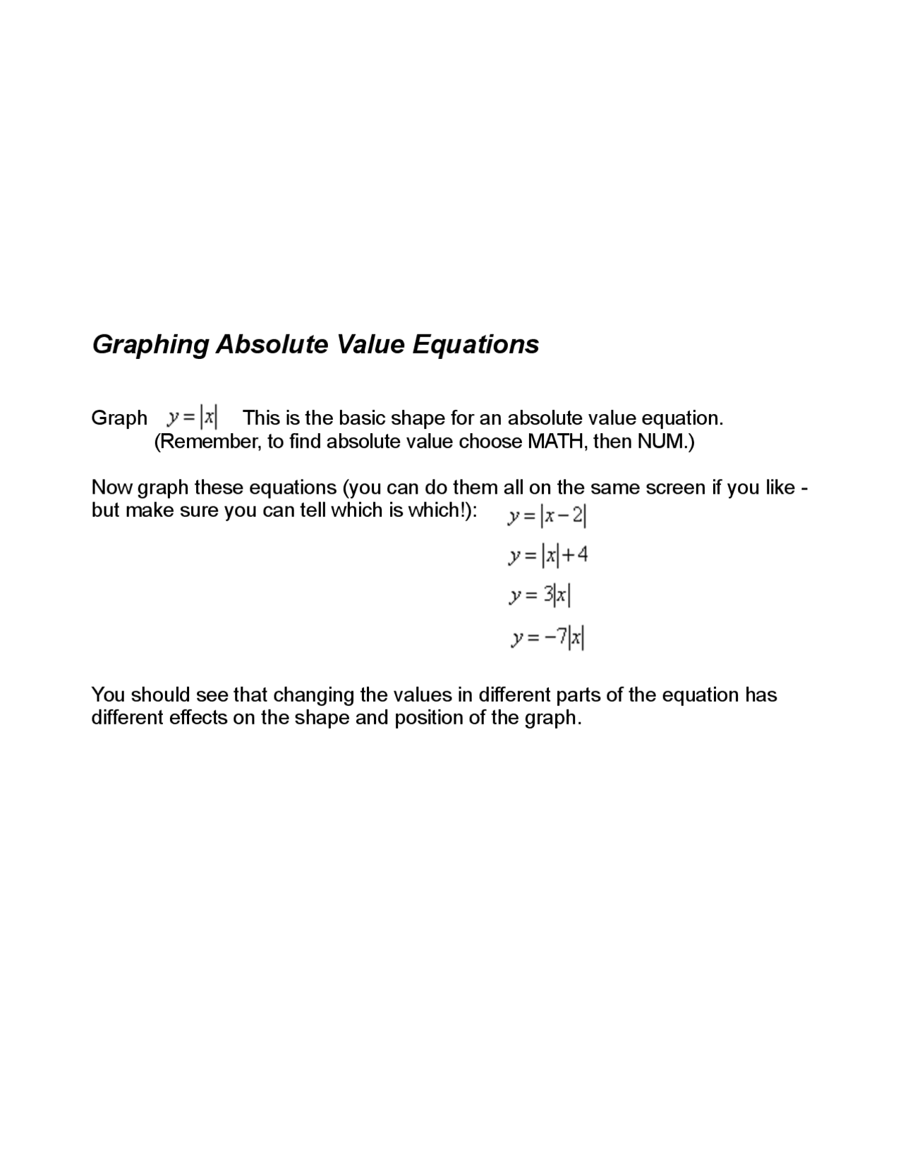 Graphing Absolute Value Equations Lecture Notes Pre Calculus Docsity