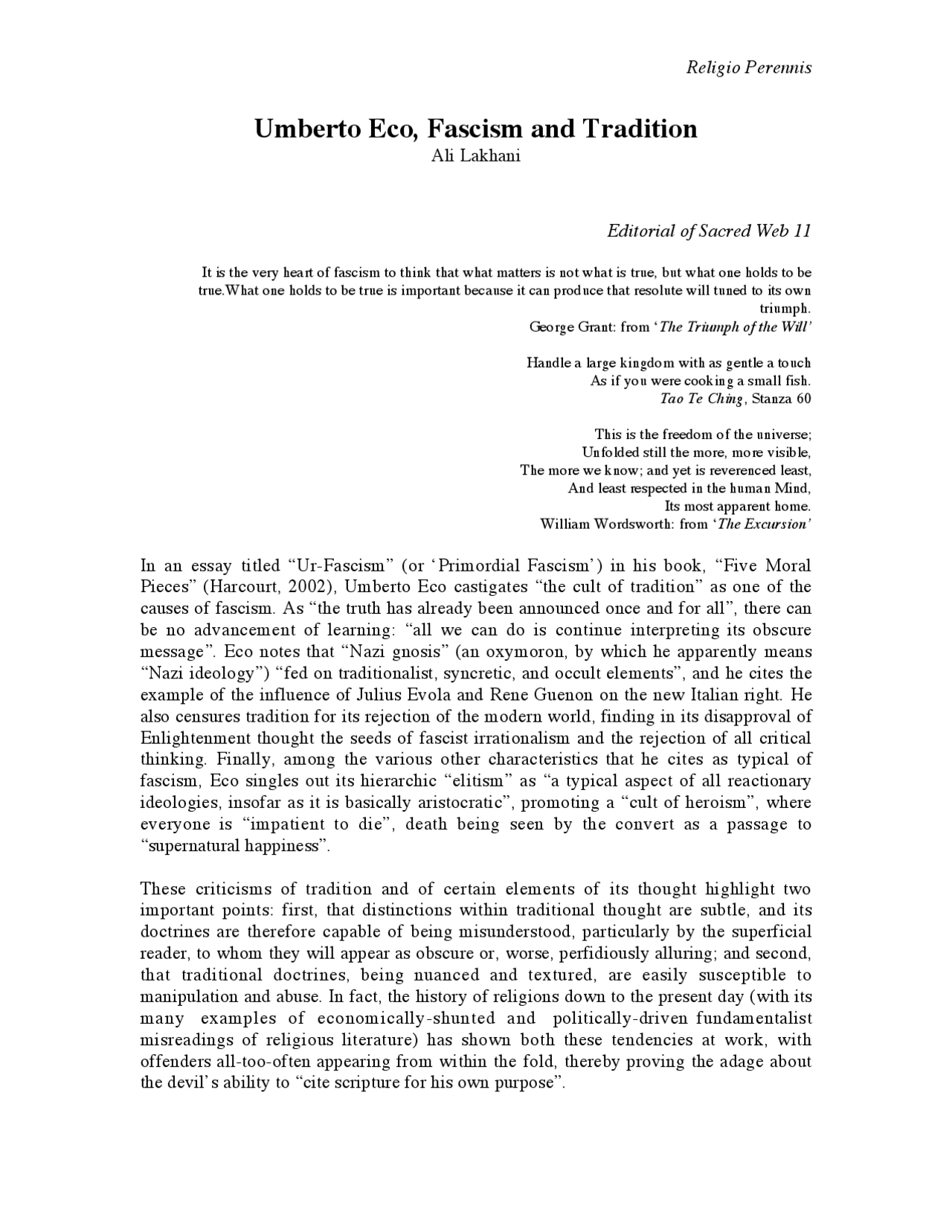 Umberto Eco, Fascism and Tradition | Lecture notes History | Docsity