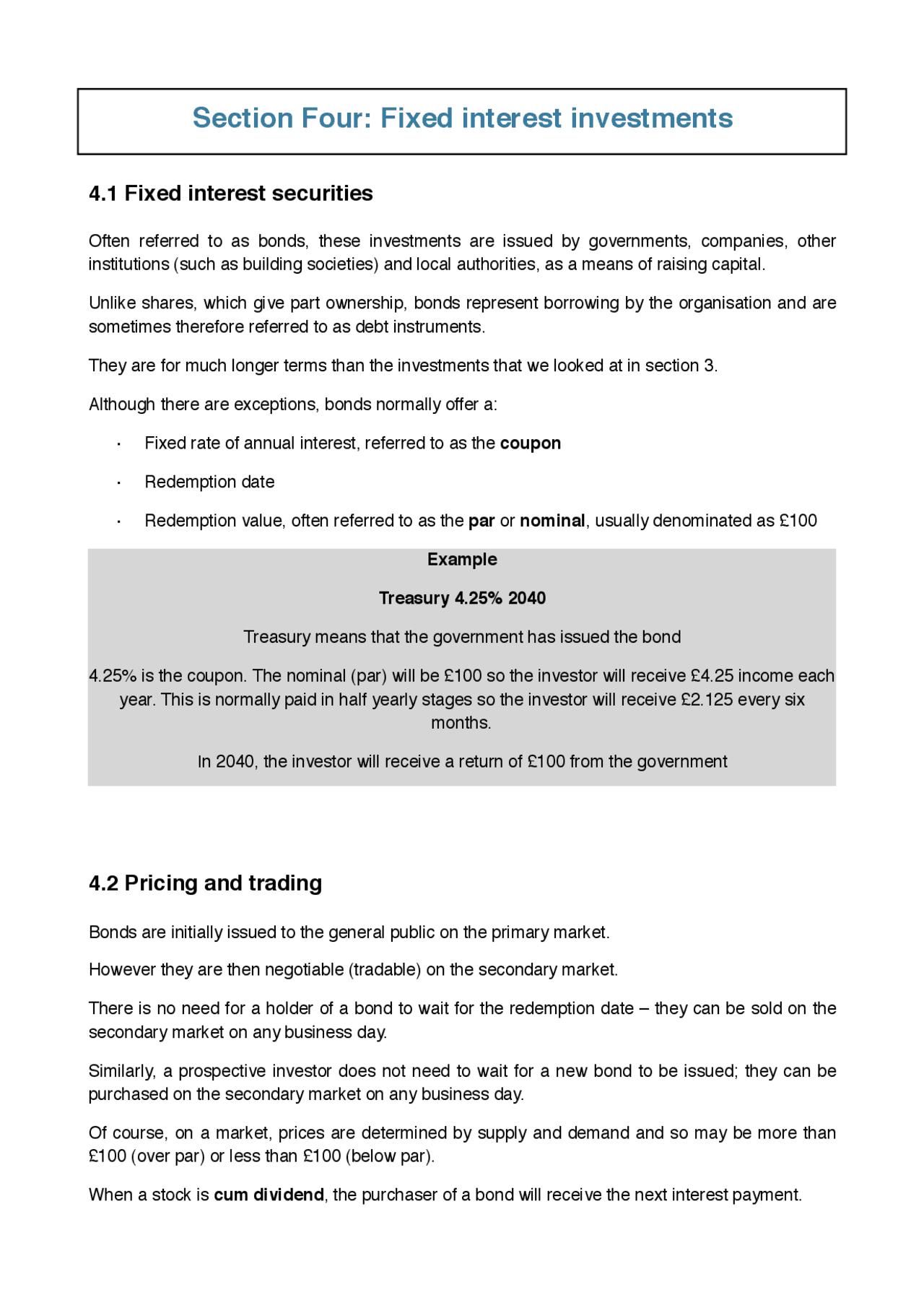 Section Four: Fixed interest investments | Study notes Business | Docsity