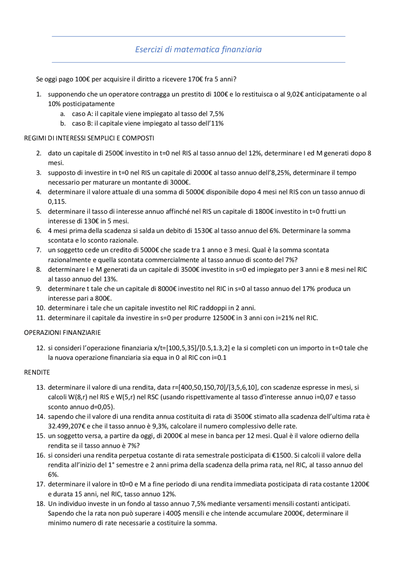 Esercizi Matematica finanziaria Prof. Diomede (MCA Uniba) a.a. 20/21+22 ...