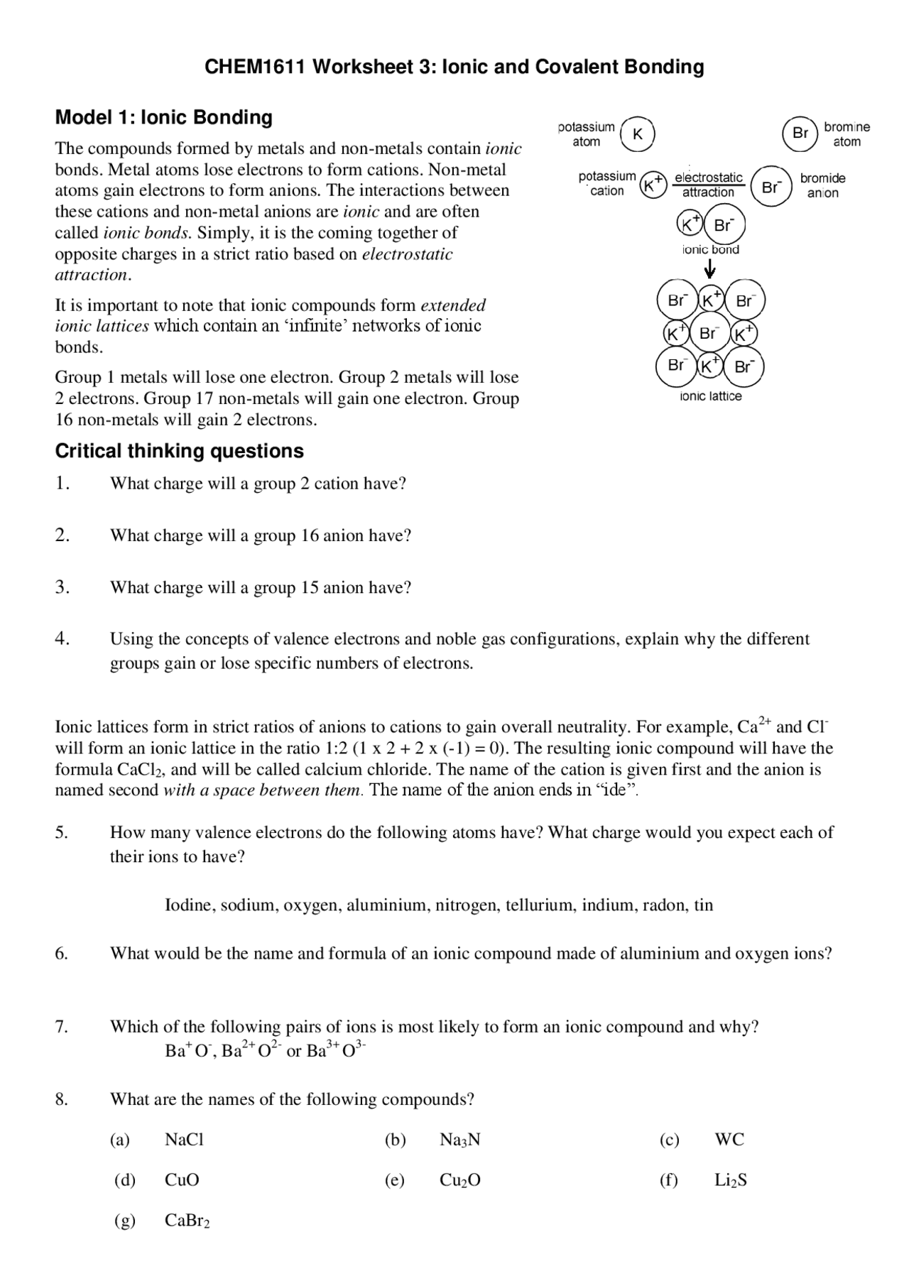 Ionic Bonding Critical Thinking Questions 1 2 3 4 Slides Applied