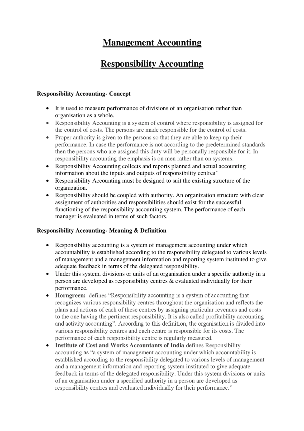 Management Accounting Responsibility Accounting Lecture Notes
