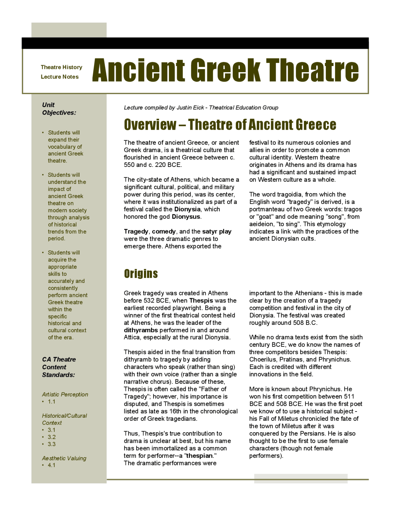 Ancient Greek Theatre | Lecture notes Theatre | Docsity