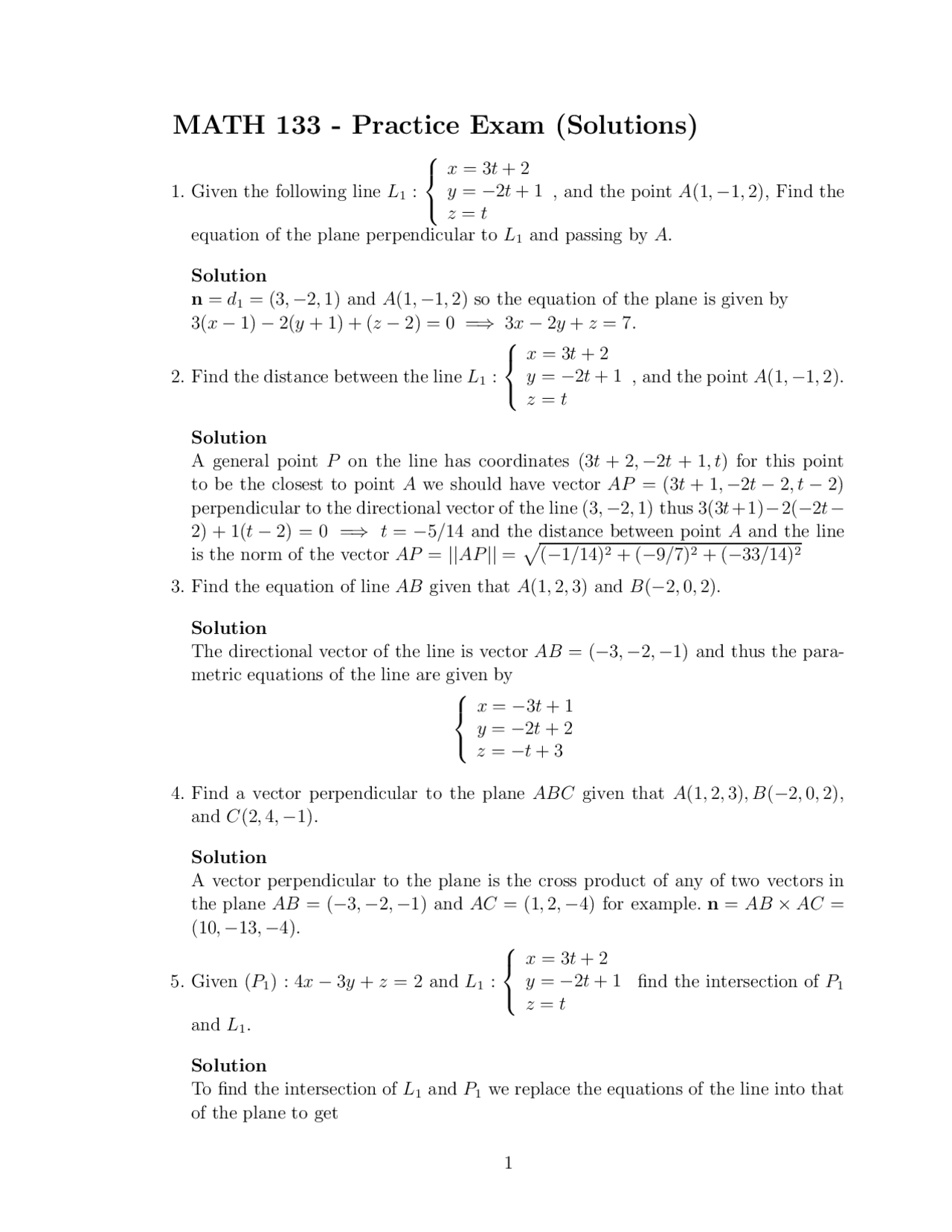 MATH 133 - Practice Exam (Solutions) | Study notes Calculus | Docsity