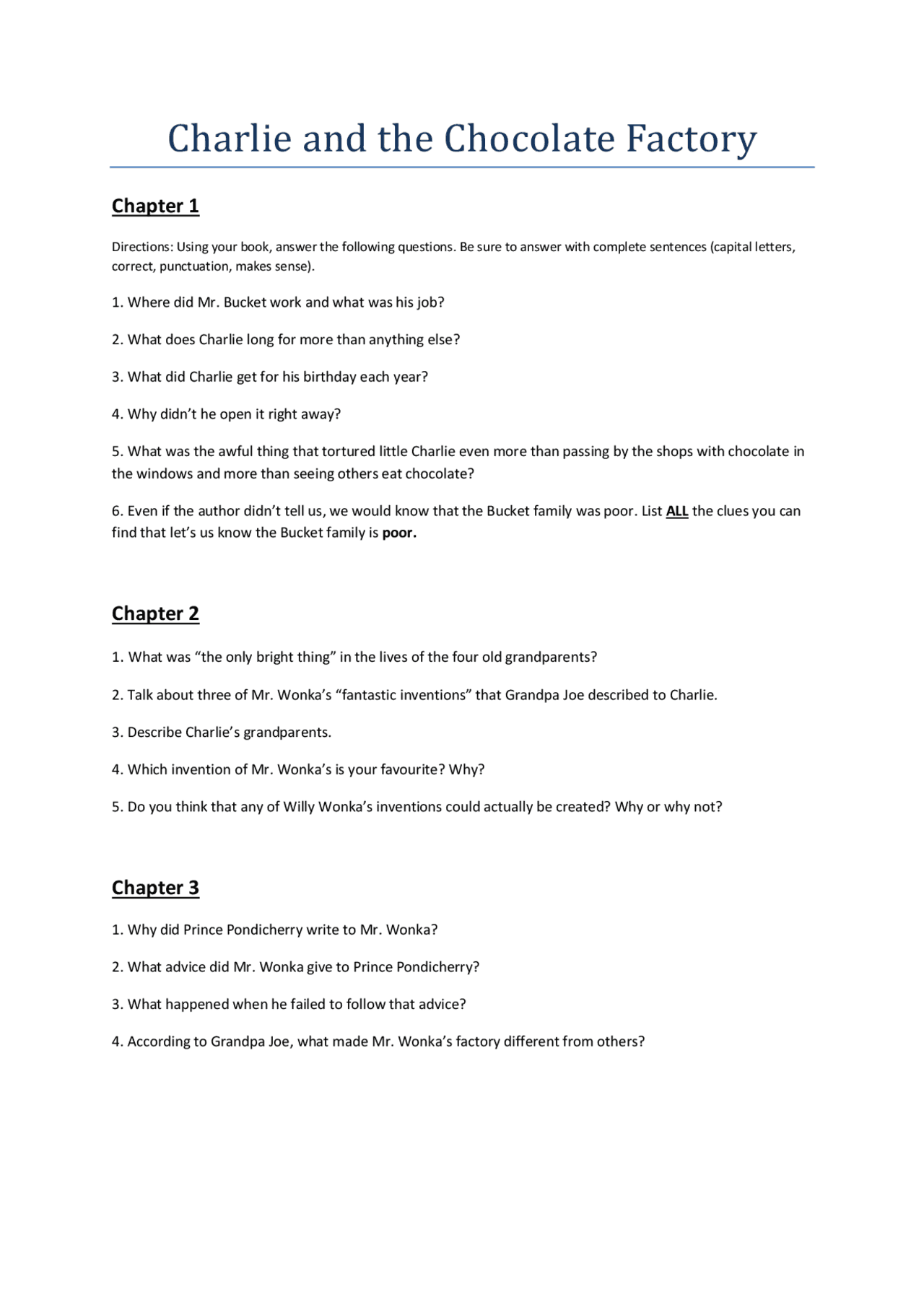 Charlie and the Chocolate Factory: Comprehension Questions and ...