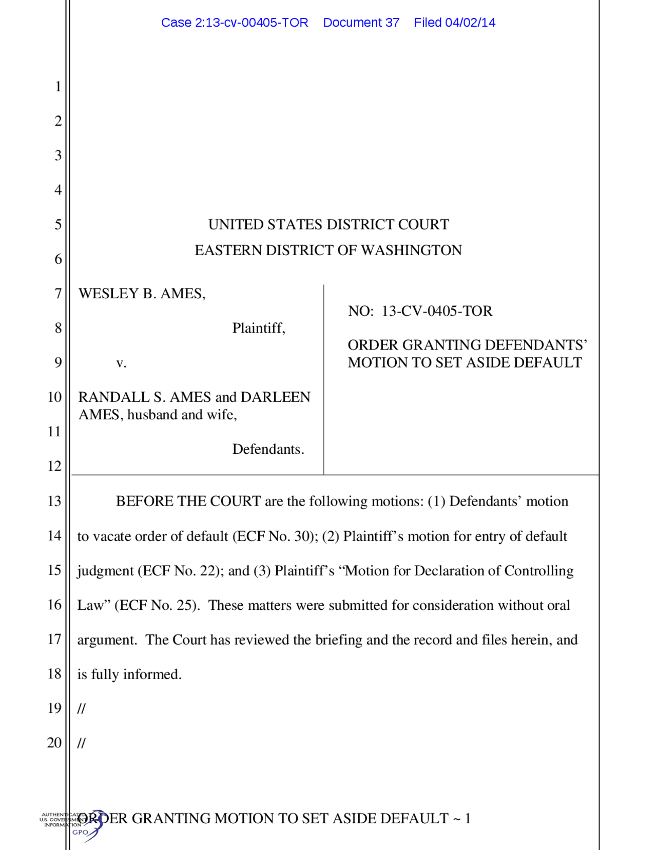 Order Granting Defendants' Motion to Set Aside Default in Ames v. Ames ...