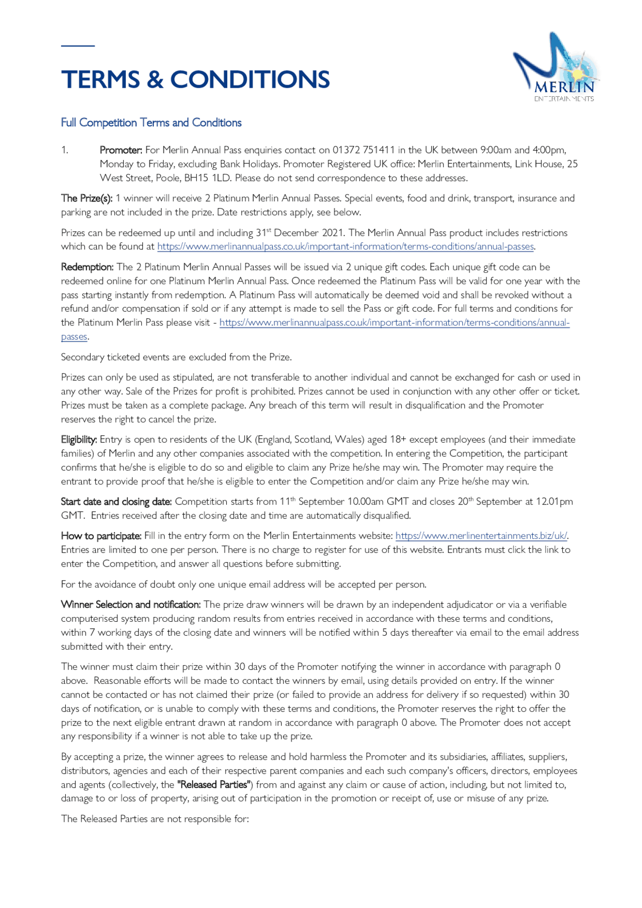 Terms & Conditions for a Competition by Merlin Entertainments | Exams ...