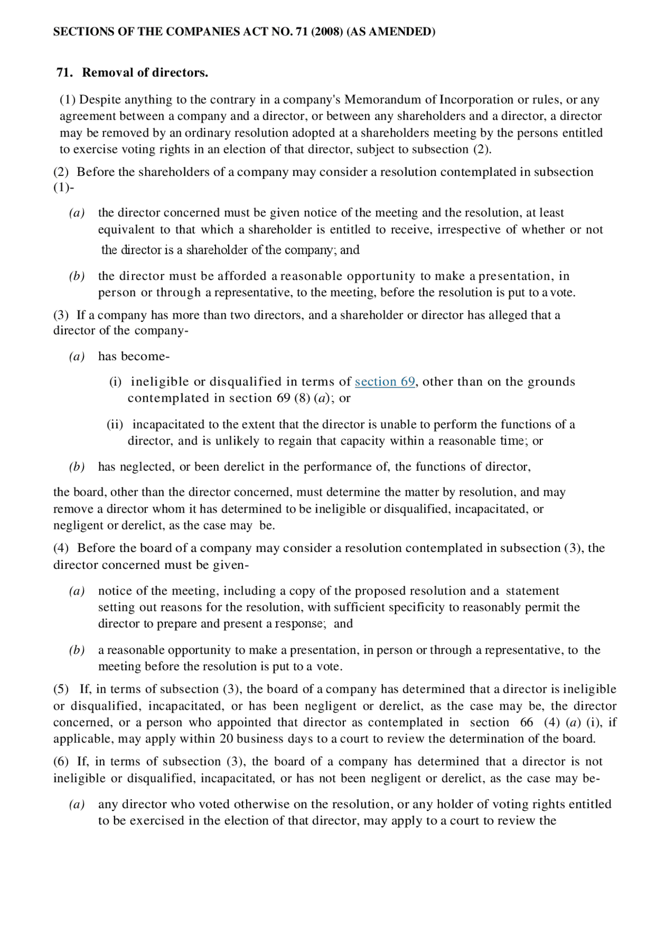Section 71 Removal of directors. | Marx Gore | Exercises Business | Docsity