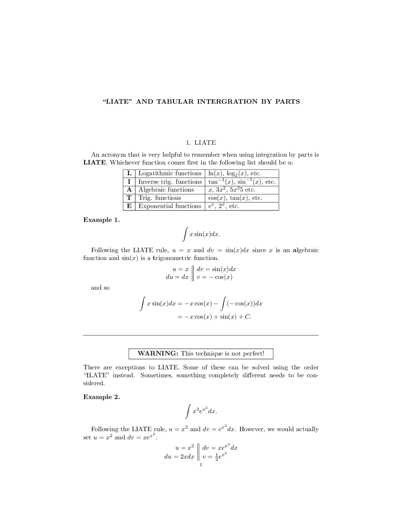 LIATE and Tabular Integration by Parts: A Useful Technique for Solving ...
