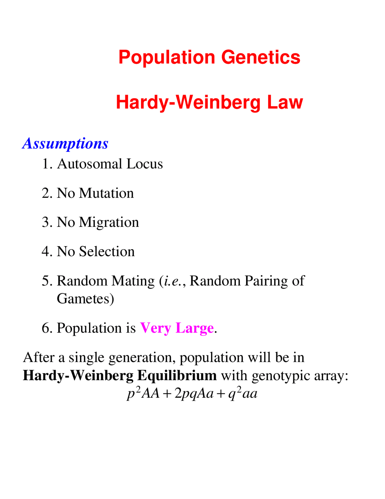 Population Genetics Hardy-Weinberg Law | Study notes Genetics | Docsity