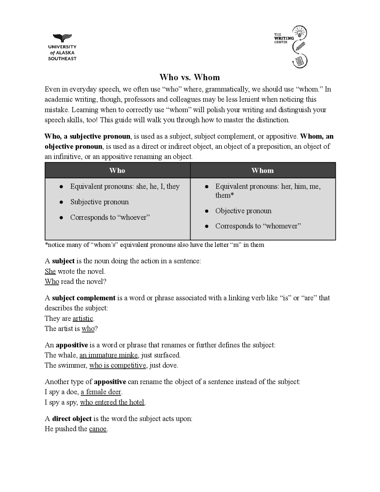 Who vs. Whom Handout.docx | Summaries Grammar and Composition | Docsity